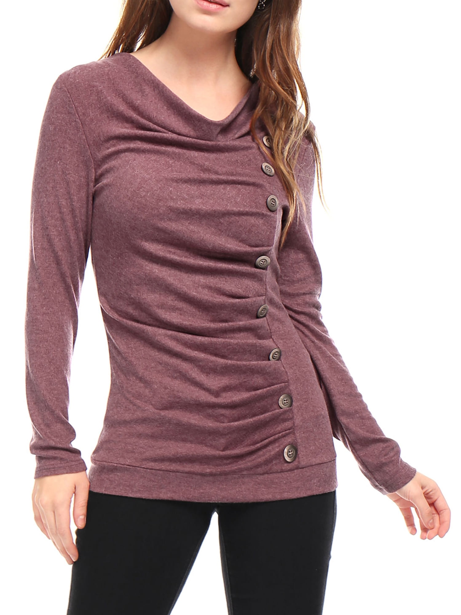 Allegra K Women's Cowl Neck Long Sleeves Buttons Decor Ruched Top for ...