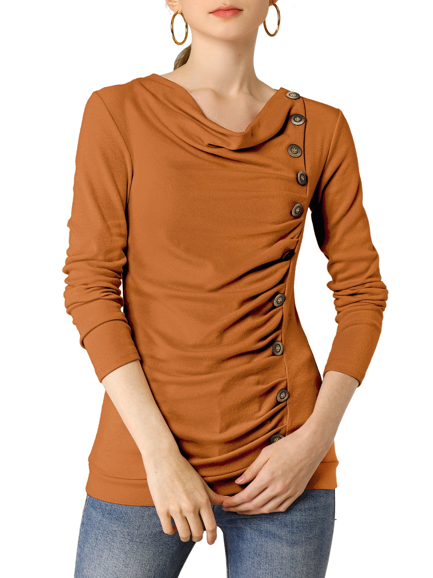 Allegra K Women's Cowl Neck Long Sleeves Buttons Decor Ruched Top for ...