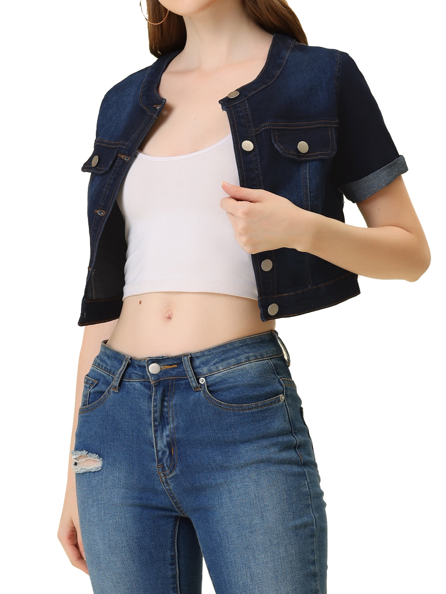 Allegra K Women's Crew Neck Button Up Short Sleeve Crop Jean Denim ...