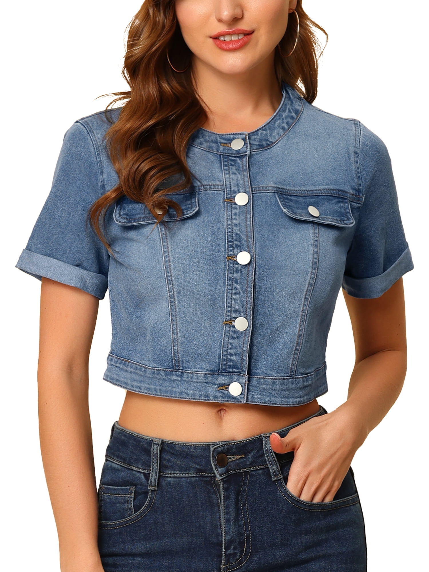 INSPIRE CHIC Women's Crew Neck Button Up Short Sleeve Crop Jean Denim ...
