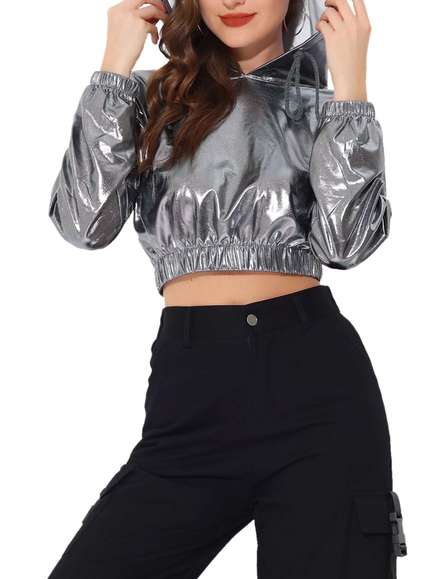 Allegra K Women's Crop Top Hoodies Holographic Shiny Metallic ...
