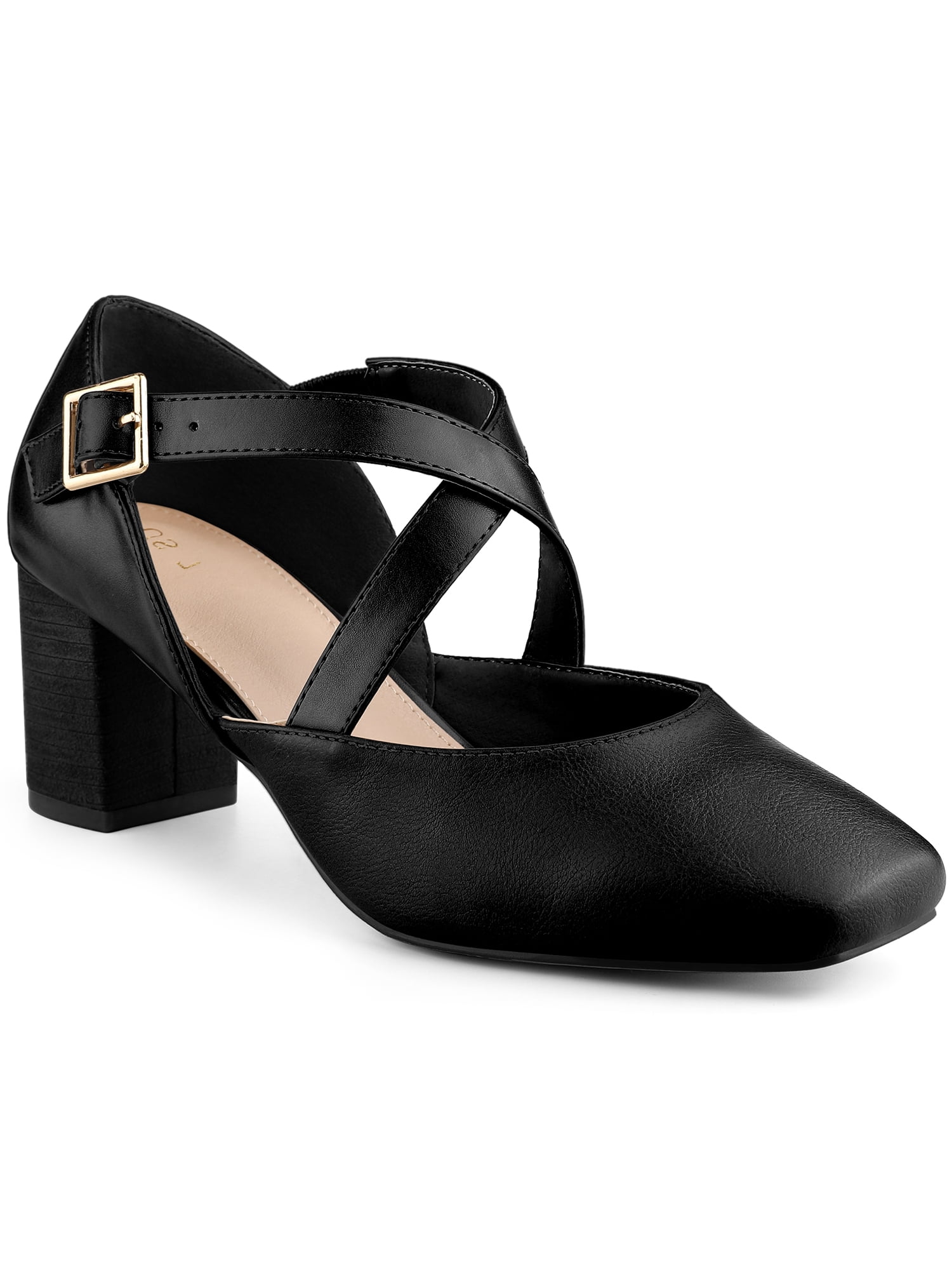 Allegra K Women's Cross Strap Block Heels Mary Jane Pumps Black 8 ...
