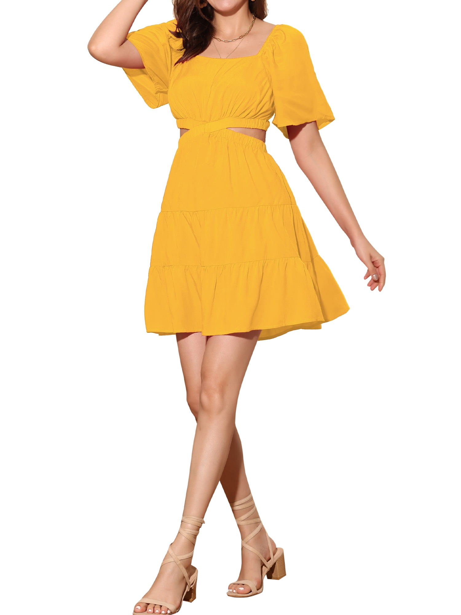 Allegra K Women's Crossover Cutout Short Sleeve Square Neck Tie Dresses ...