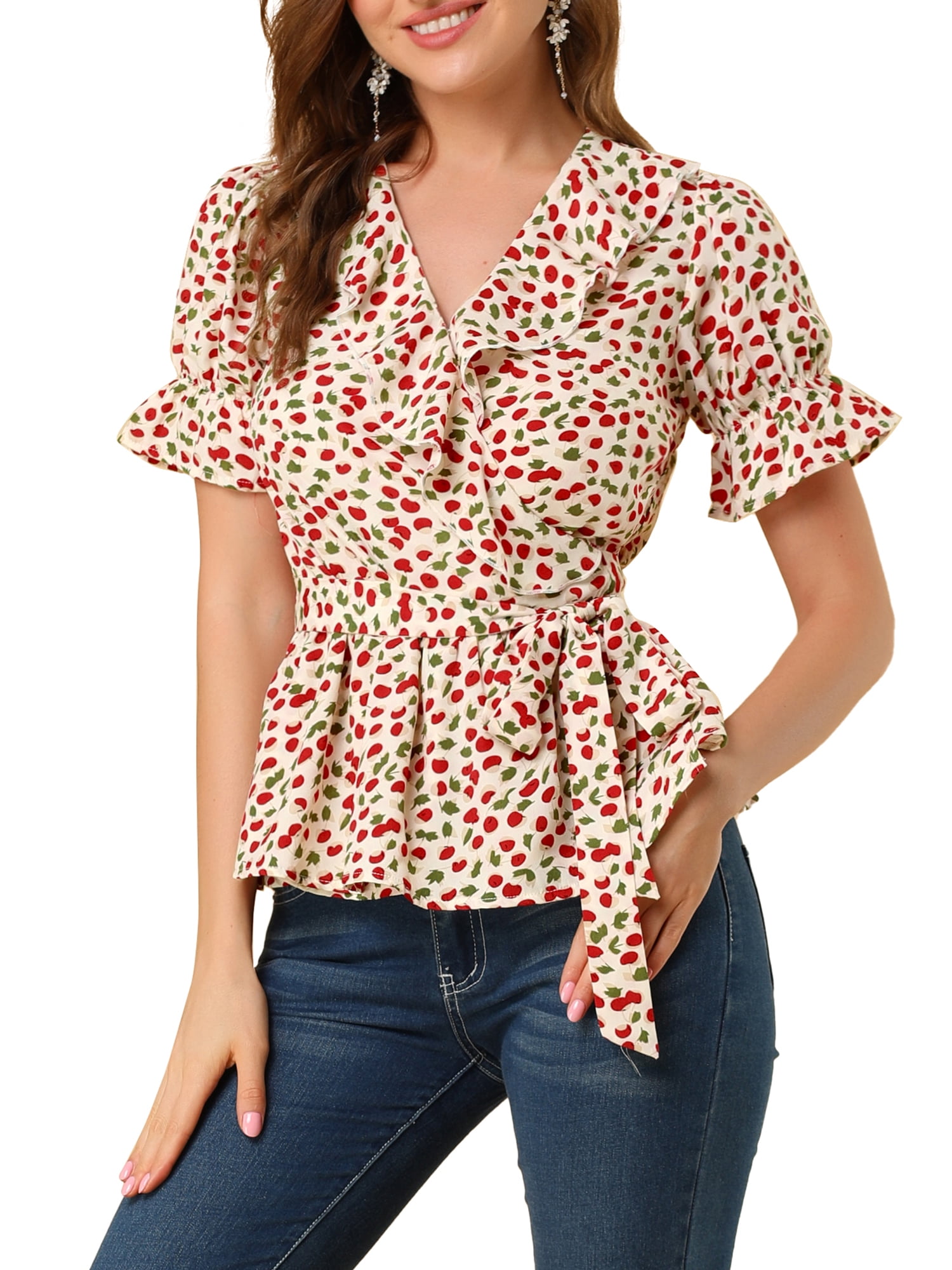 INSPIRE CHIC Women's Crossover V Neck Short Sleeves Ruffle Wrap Blouse ...