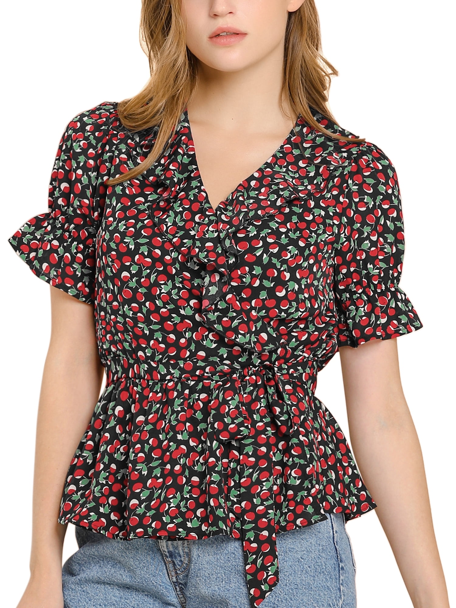 INSPIRE CHIC Women's Crossover V Neck Short Sleeves Ruffle Wrap Blouse ...