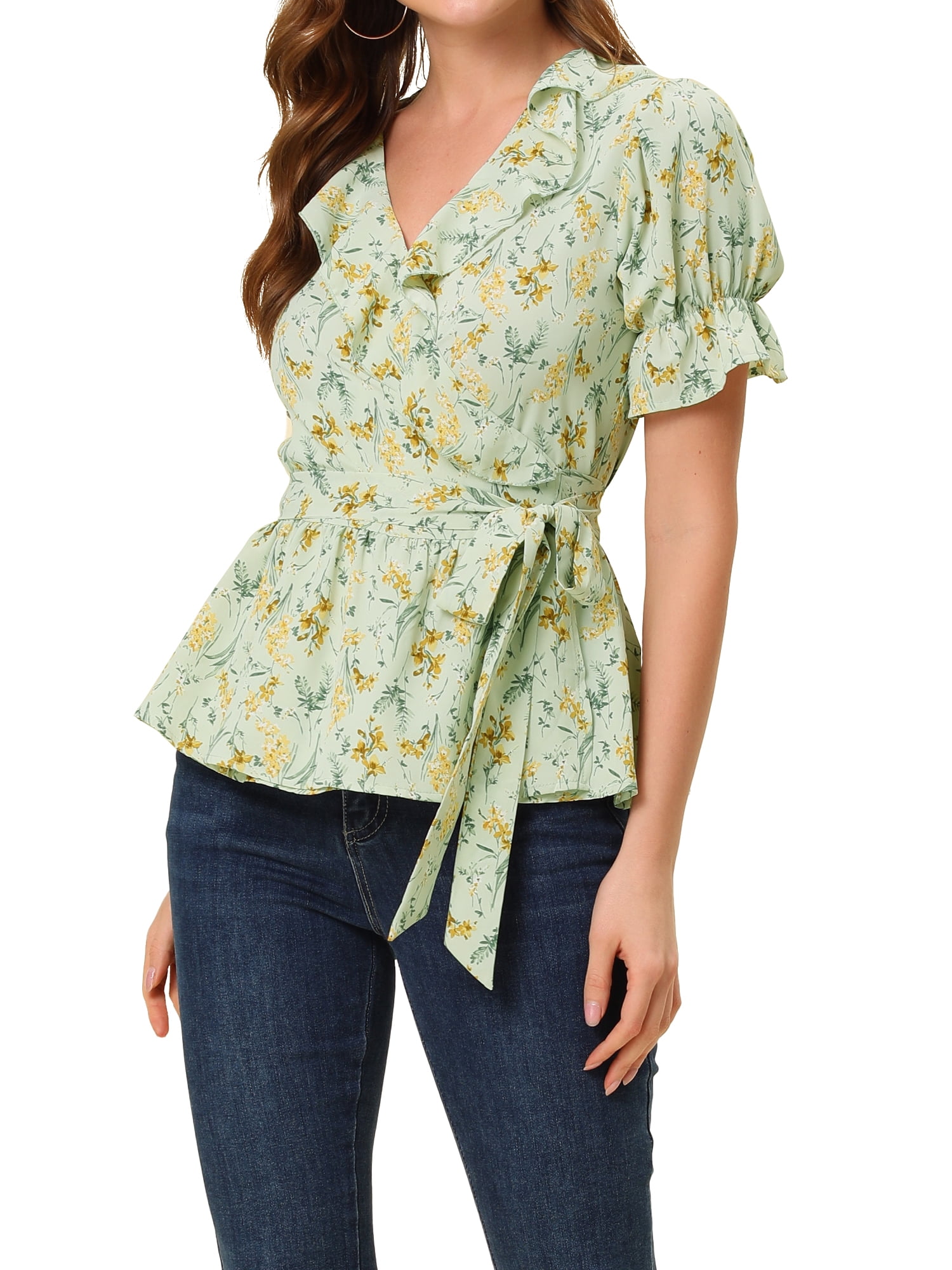 INSPIRE CHIC Women's Crossover V Neck Short Sleeves Ruffle Wrap Blouse ...