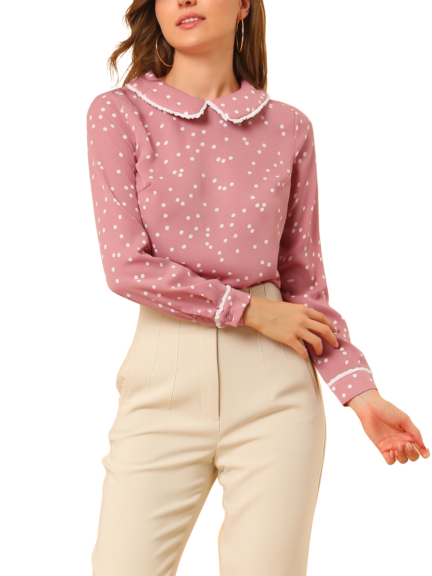 Allegra K Women's Cute Ruffle Peter Pan Collar Long Sleeve Sweet Blouse ...