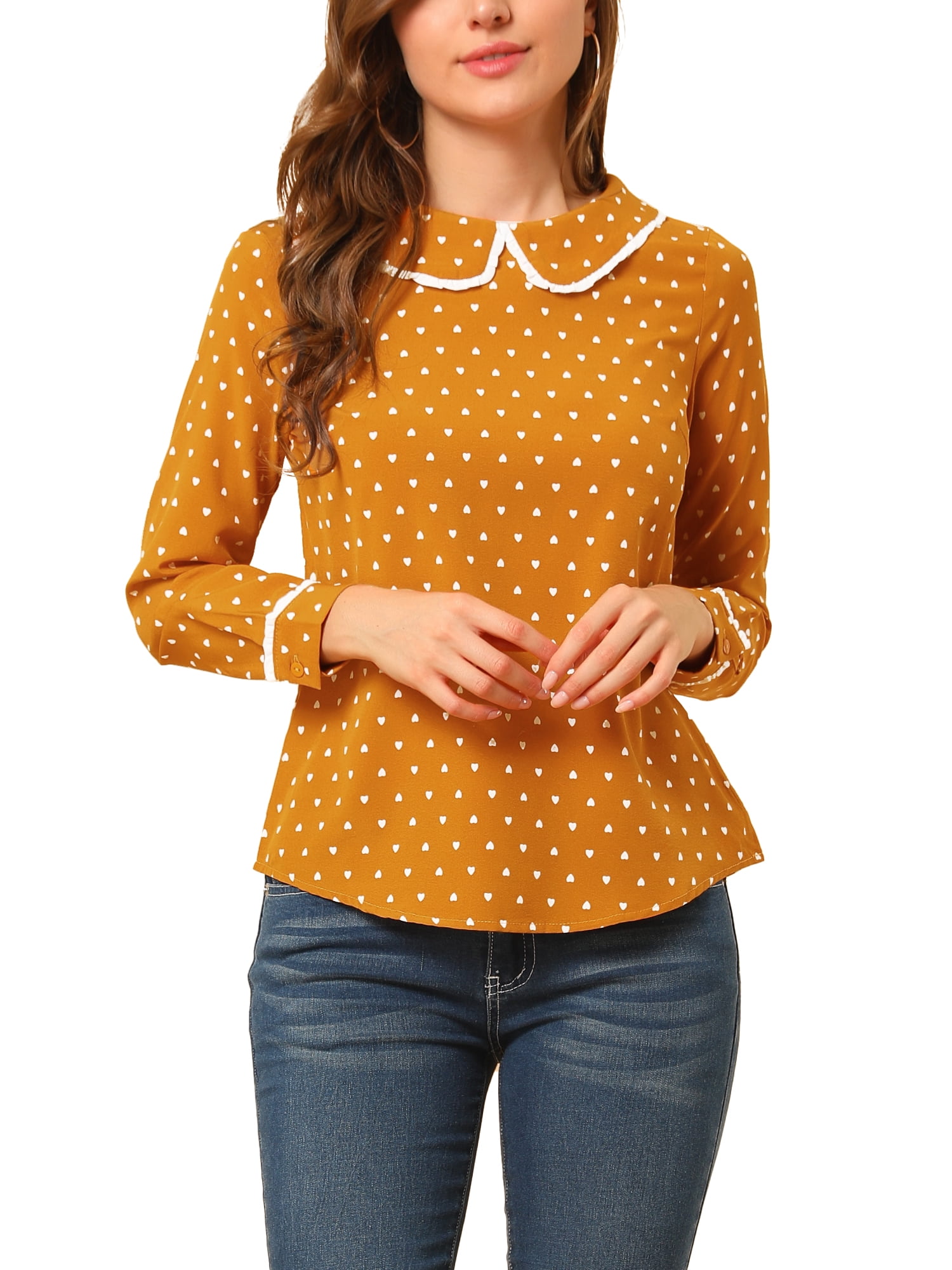Allegra K Women's Cute Ruffle Peter Pan Collar Long Sleeve Sweet Blouse ...