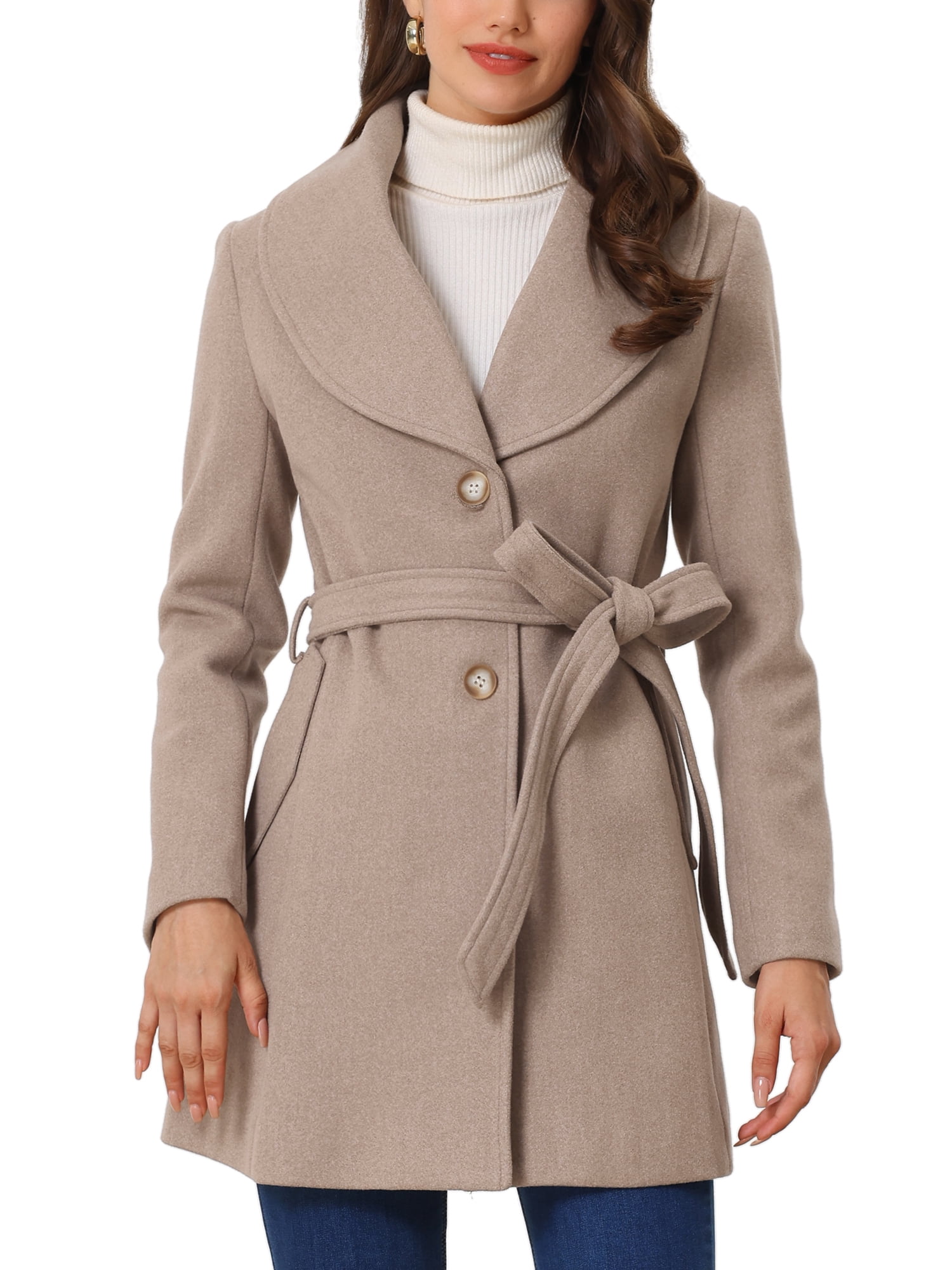 Allegra K Women's Belted Trenchcoat, Single Breasted, Turn Down Collar ...