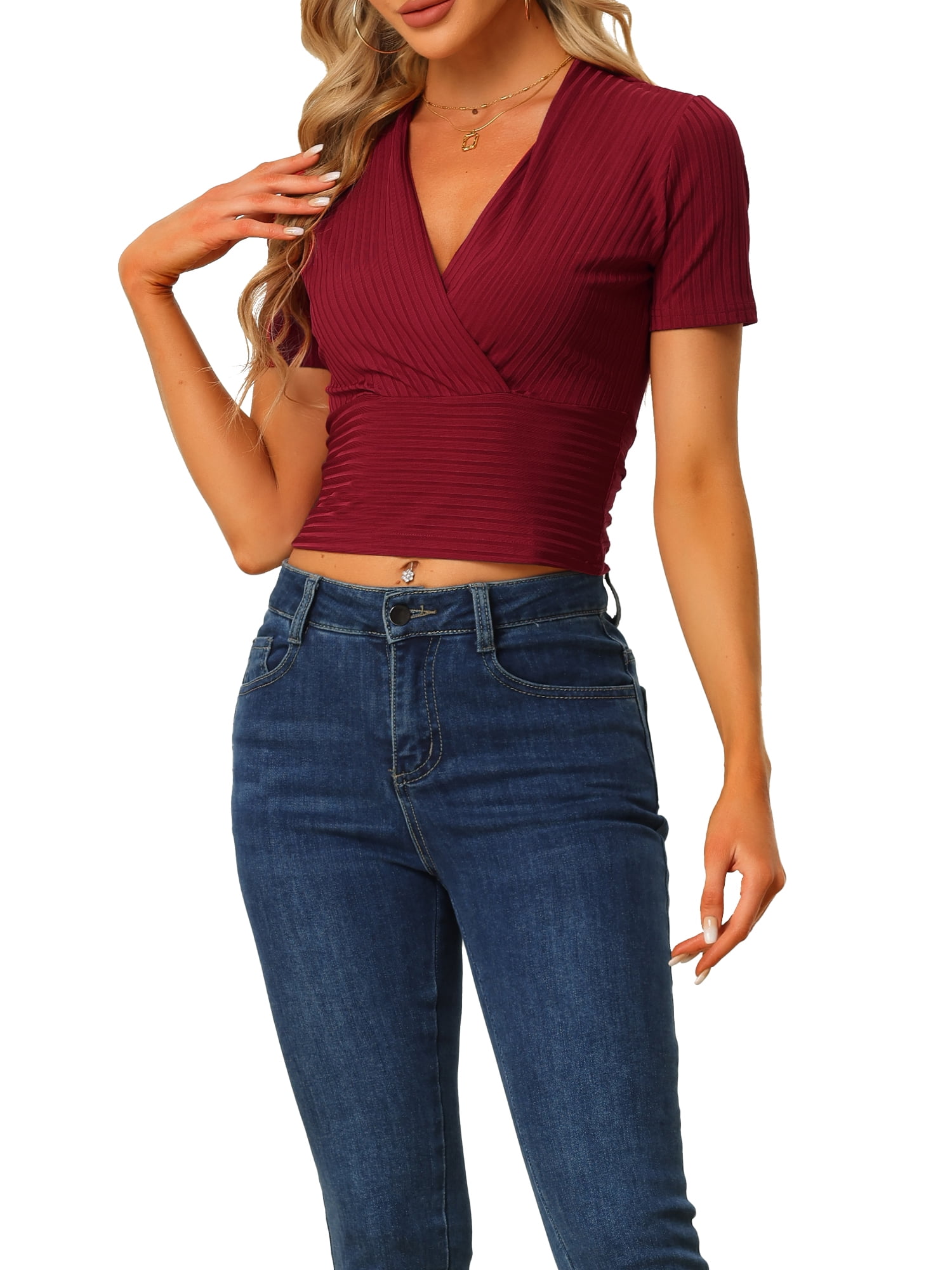 INSPIRE CHIC Women's Deep V Neck Short Sleeve Cross Wrap Ribbed Crop ...