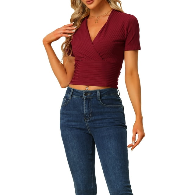 Allegra K Women's Deep V Neck Short Sleeve Cross Wrap Ribbed Crop Tops ...