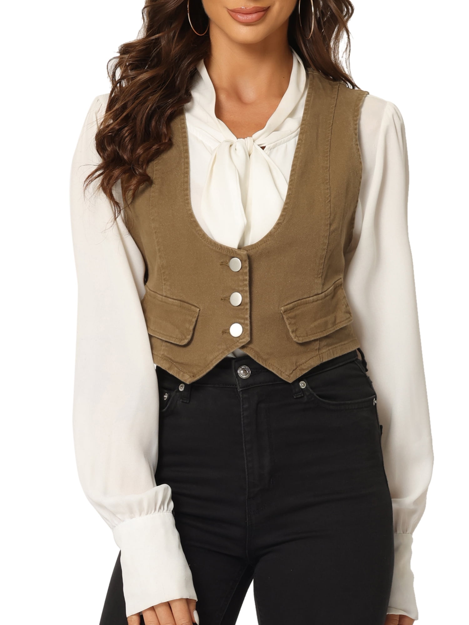 INSPIRE CHIC Women's Denim Button up Scoop Neck Sleeveless Coppped Vest ...