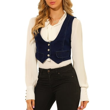 INSPIRE CHIC Women's Denim Vest Halter Neck Button Down Backless Jean Waistcoat S Gray Blue ...