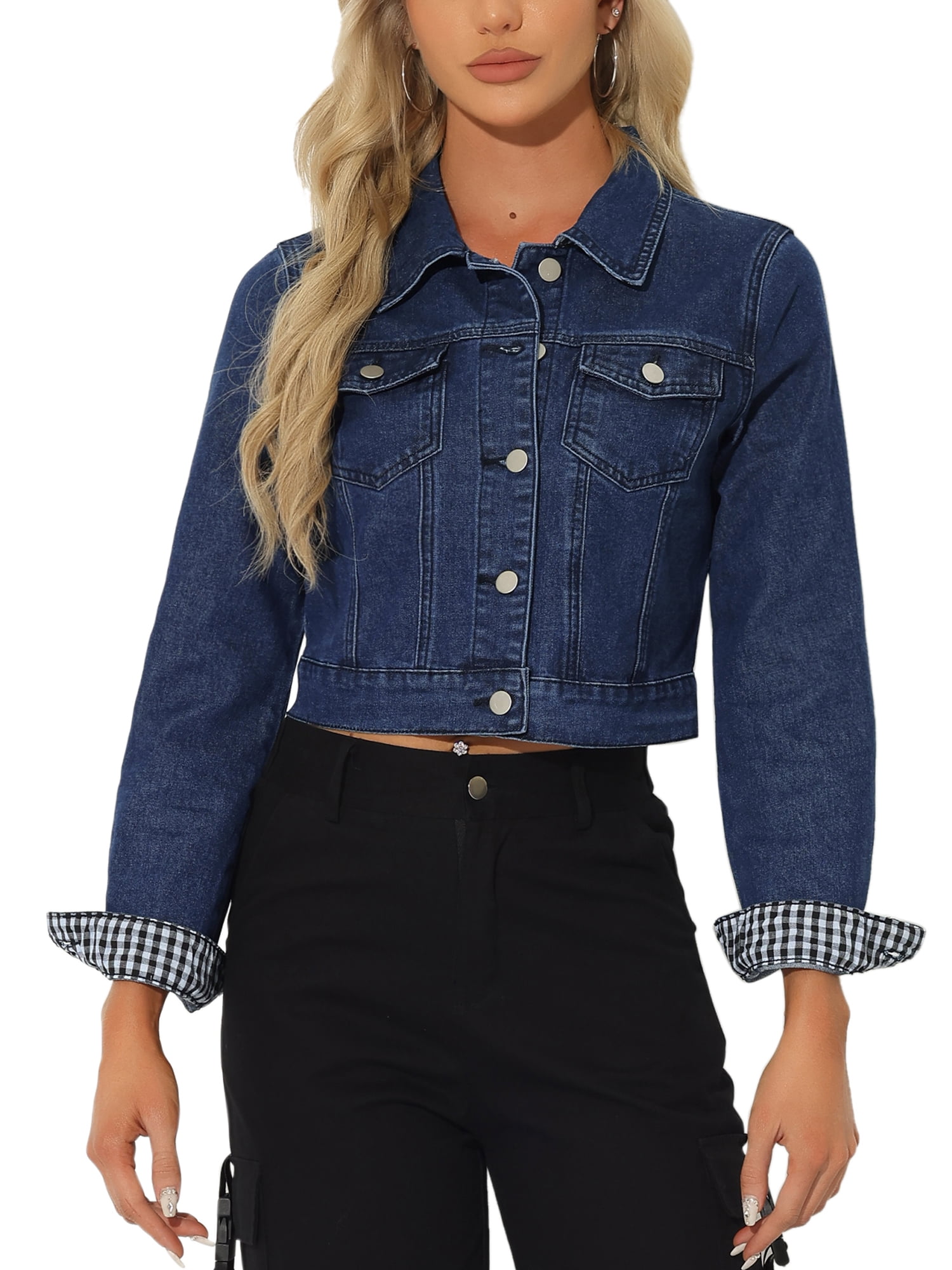 INSPIRE CHIC Women's Denim Cropped Jackets Chest Pocket Plaid Trim ...