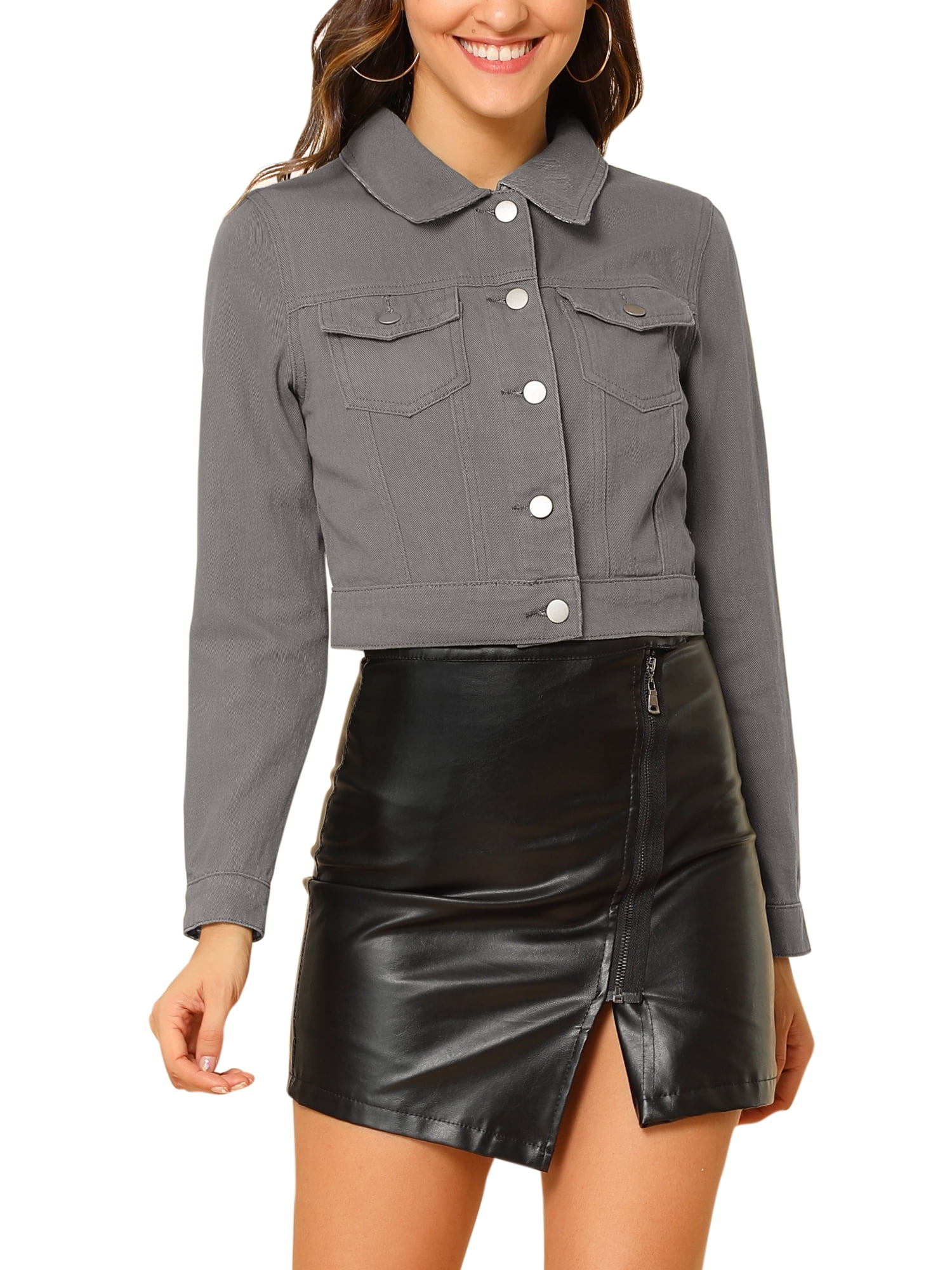 Allegra K Women's Denim Cropped Jackets Chest Pocket Plaid Trim Button ...