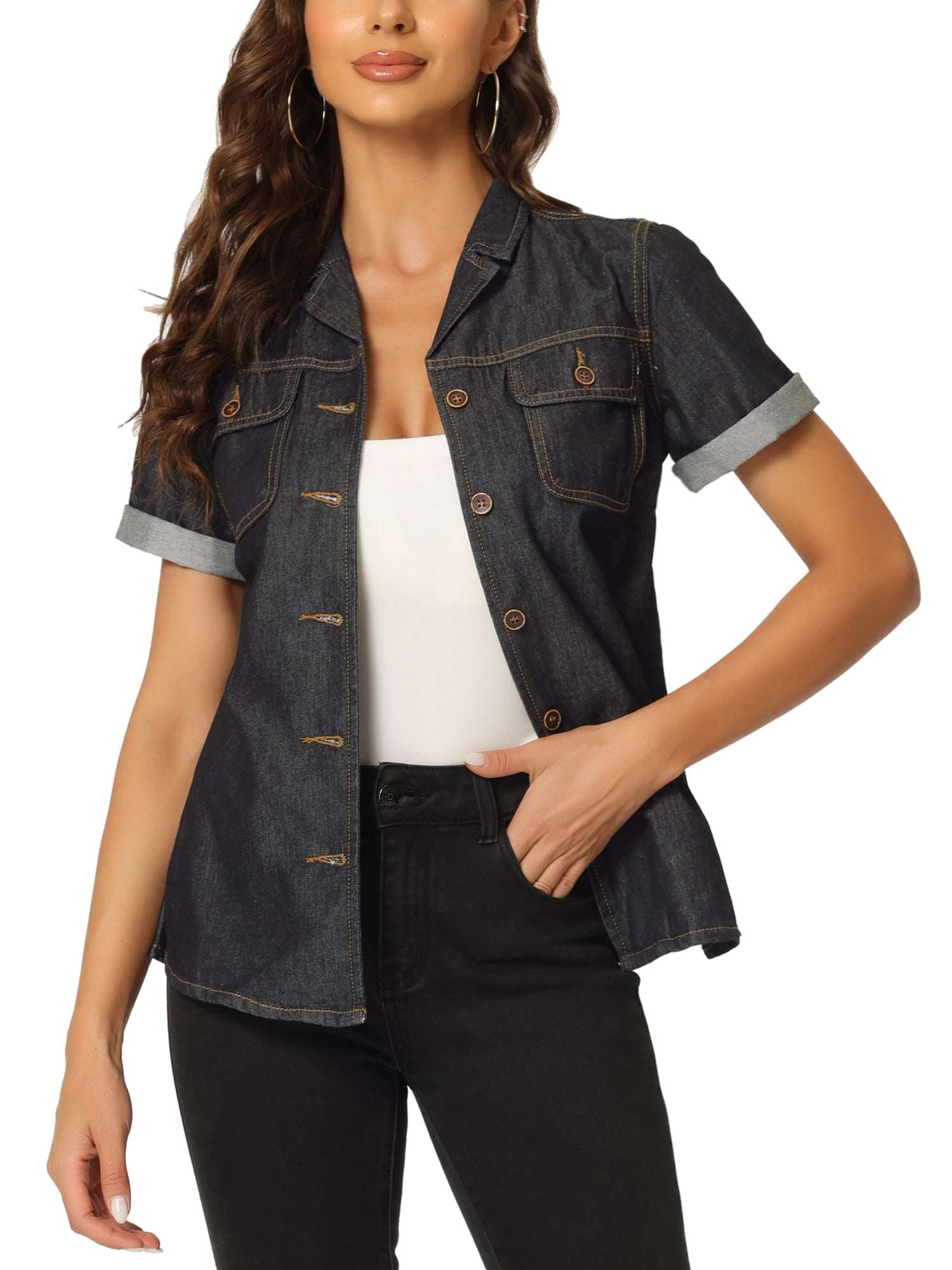 INSPIRE CHIC Women's Denim Jacket Short Sleeve Collared Button Up Jean ...