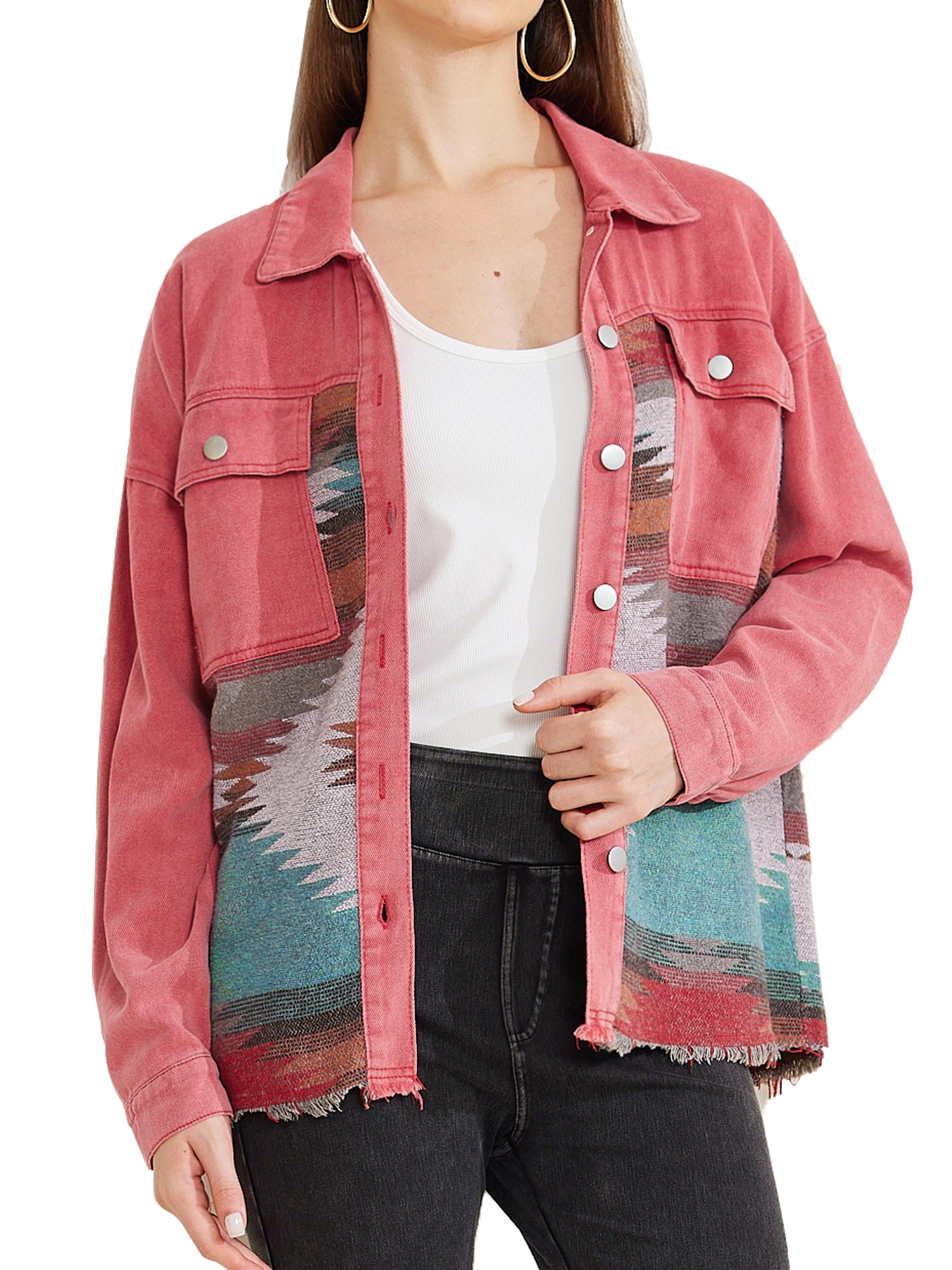 INSPIRE CHIC Women's Denim Jacket Lapel Long Sleeve Vintage Shacket XL ...