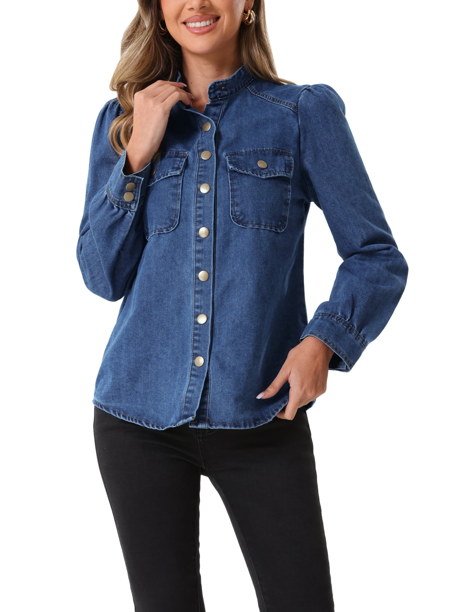 INSPIRE CHIC Women's Denim Jackets Mock Neck Puff Sleeve Button Down ...