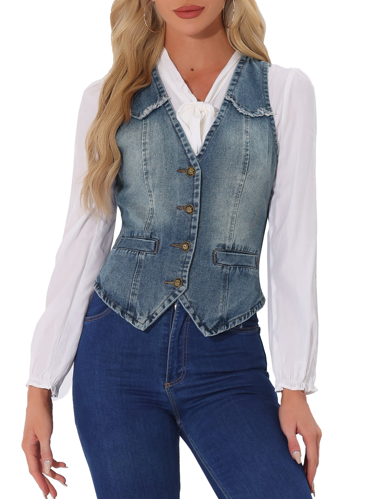 Allegra K Women's Denim Vest Sleeveless Washed Distressed Jean Jacket M ...