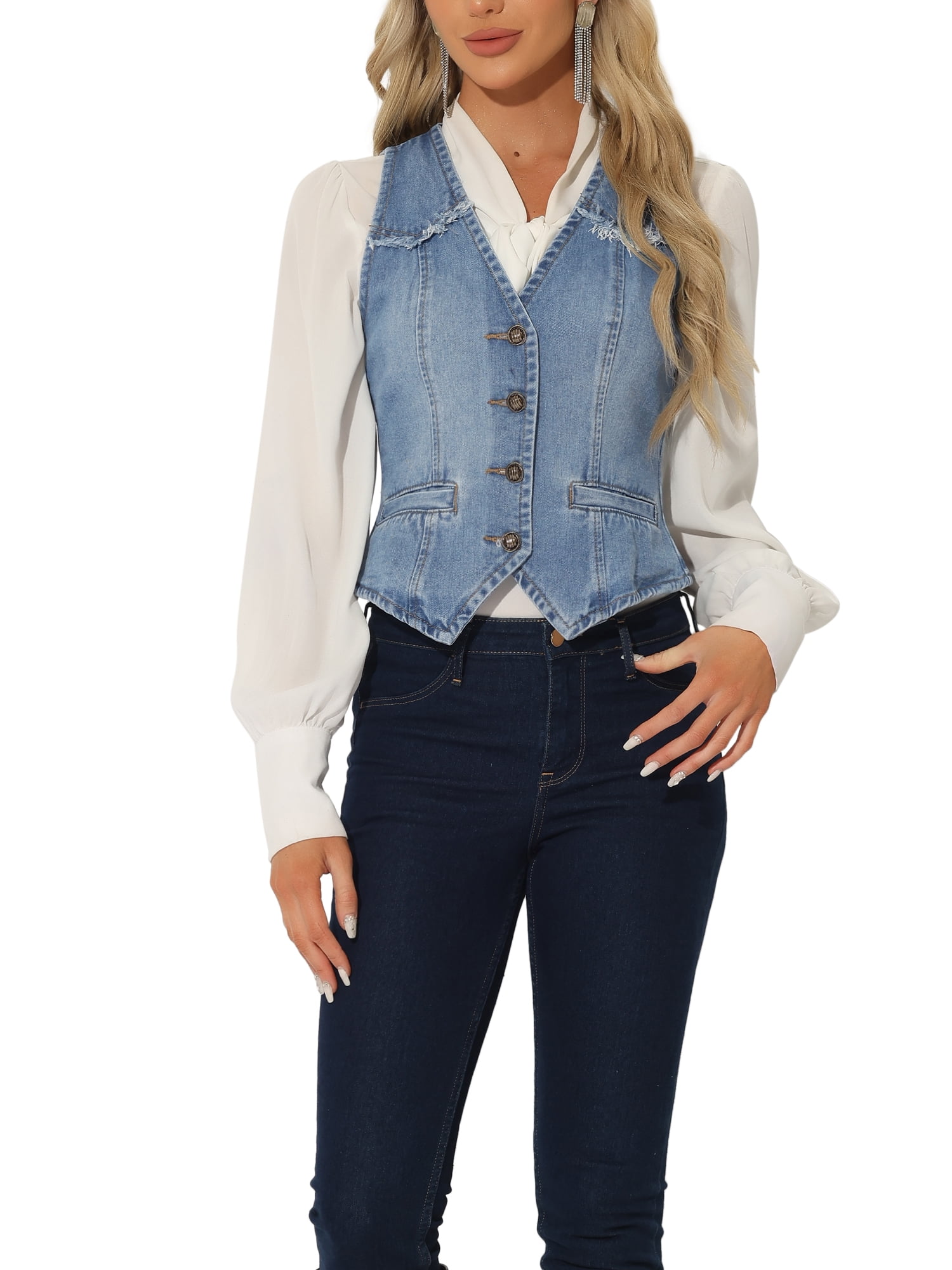 Allegra K Women's Denim Vest Sleeveless Washed Distressed Jean Jacket M ...
