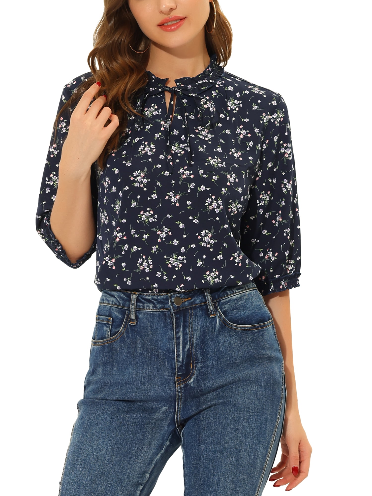 Allegra K Women's Ditsy Floral Tie Neck Puff Short Sleeve Ruffle Blouse ...