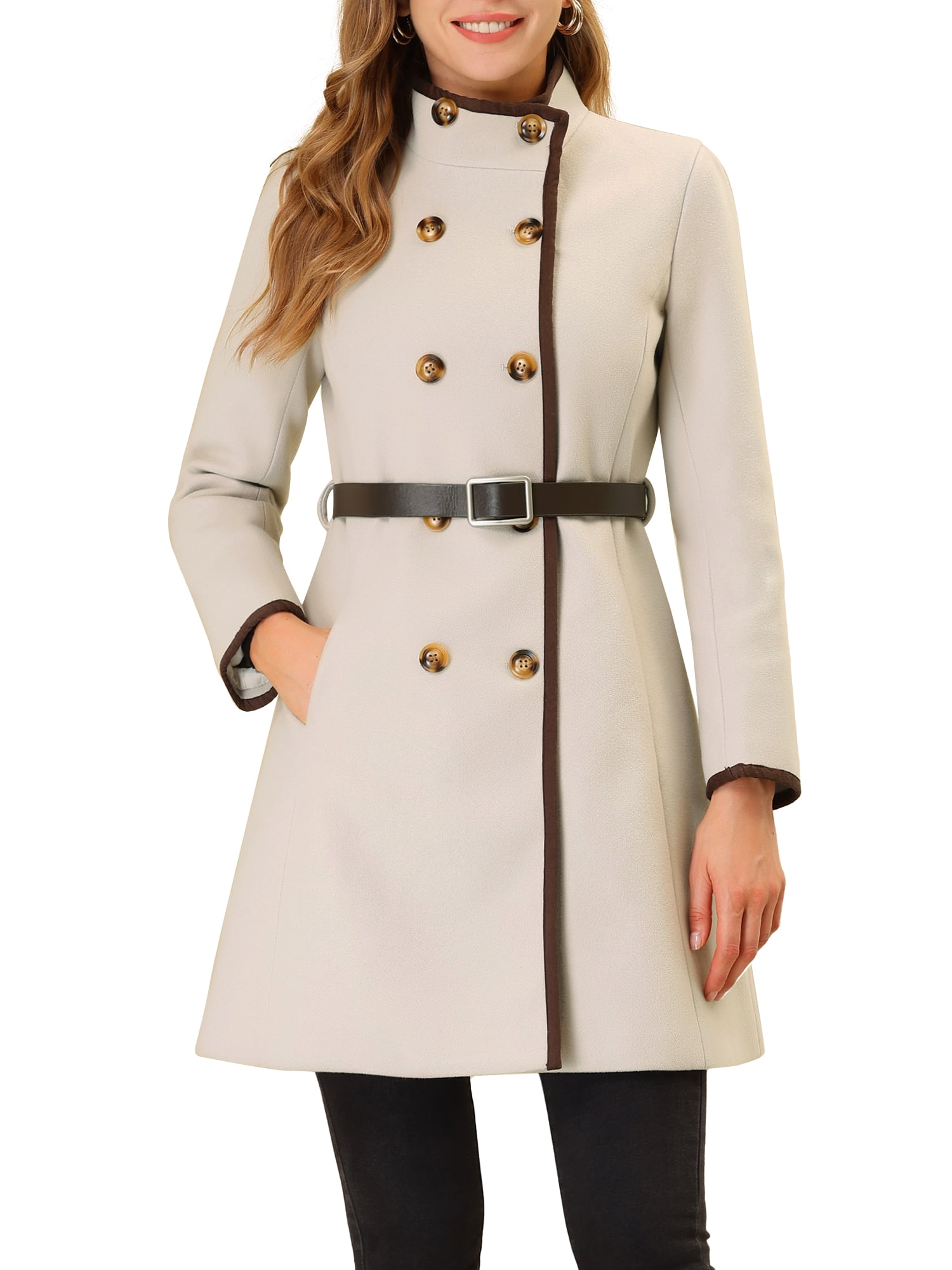 Allegra K Women's Double Breasted Stand Collar Long Sleeve Winter Long ...