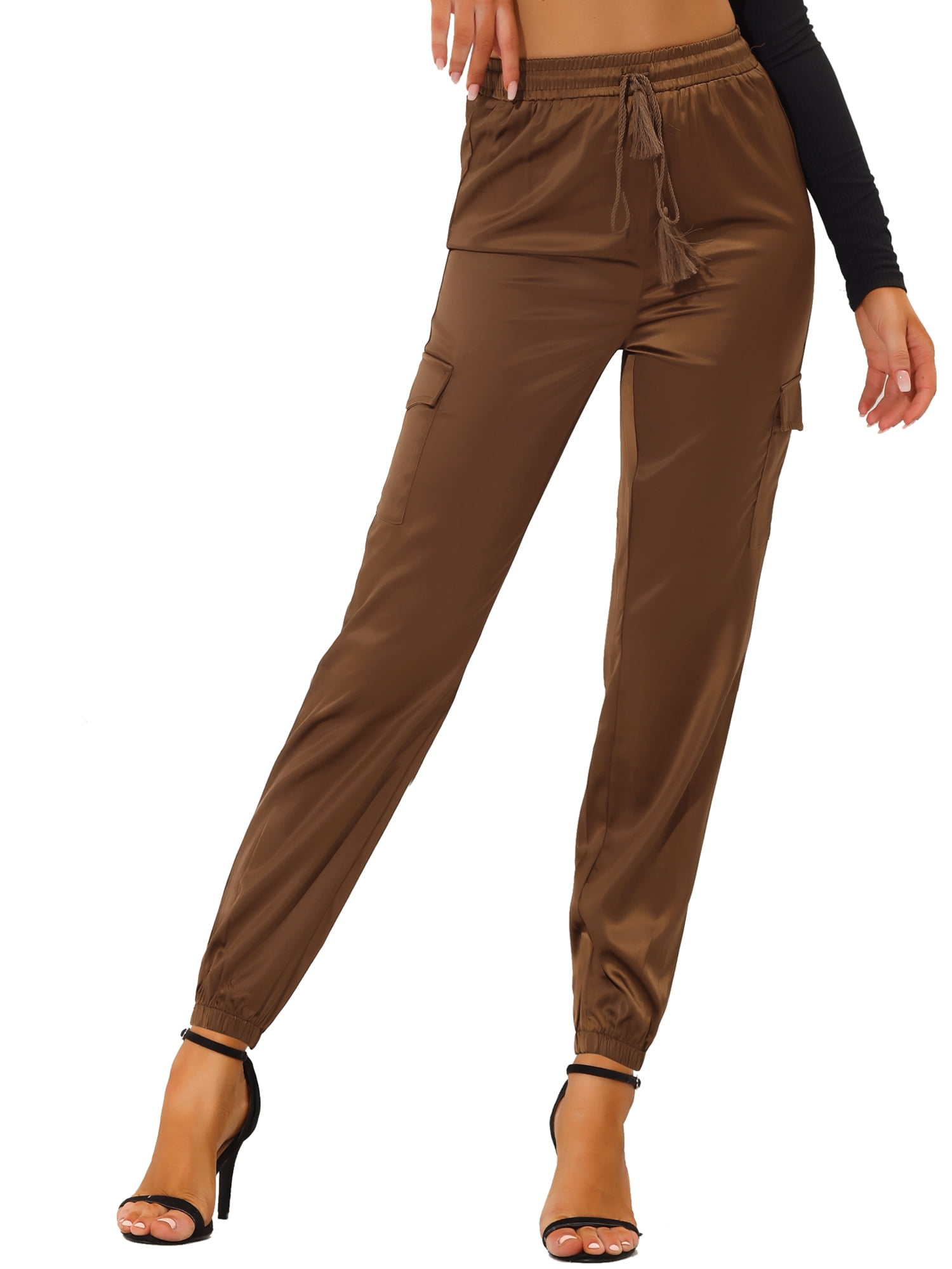Allegra K Women's Casual Drawstring Elastic High Waist Silky Satin ...