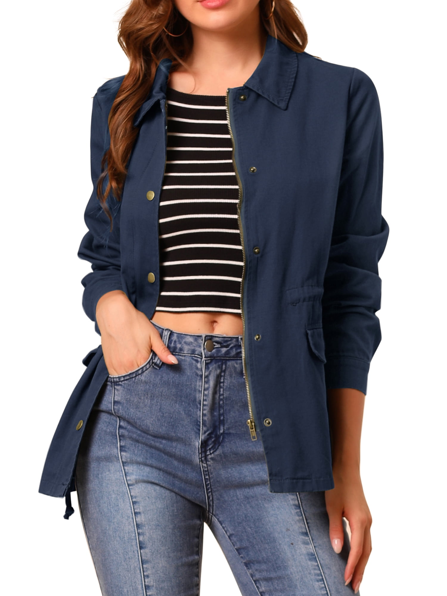 INSPIRE CHIC Women's Utility Jackets Drawstring Waist Flap Pocket Zip ...