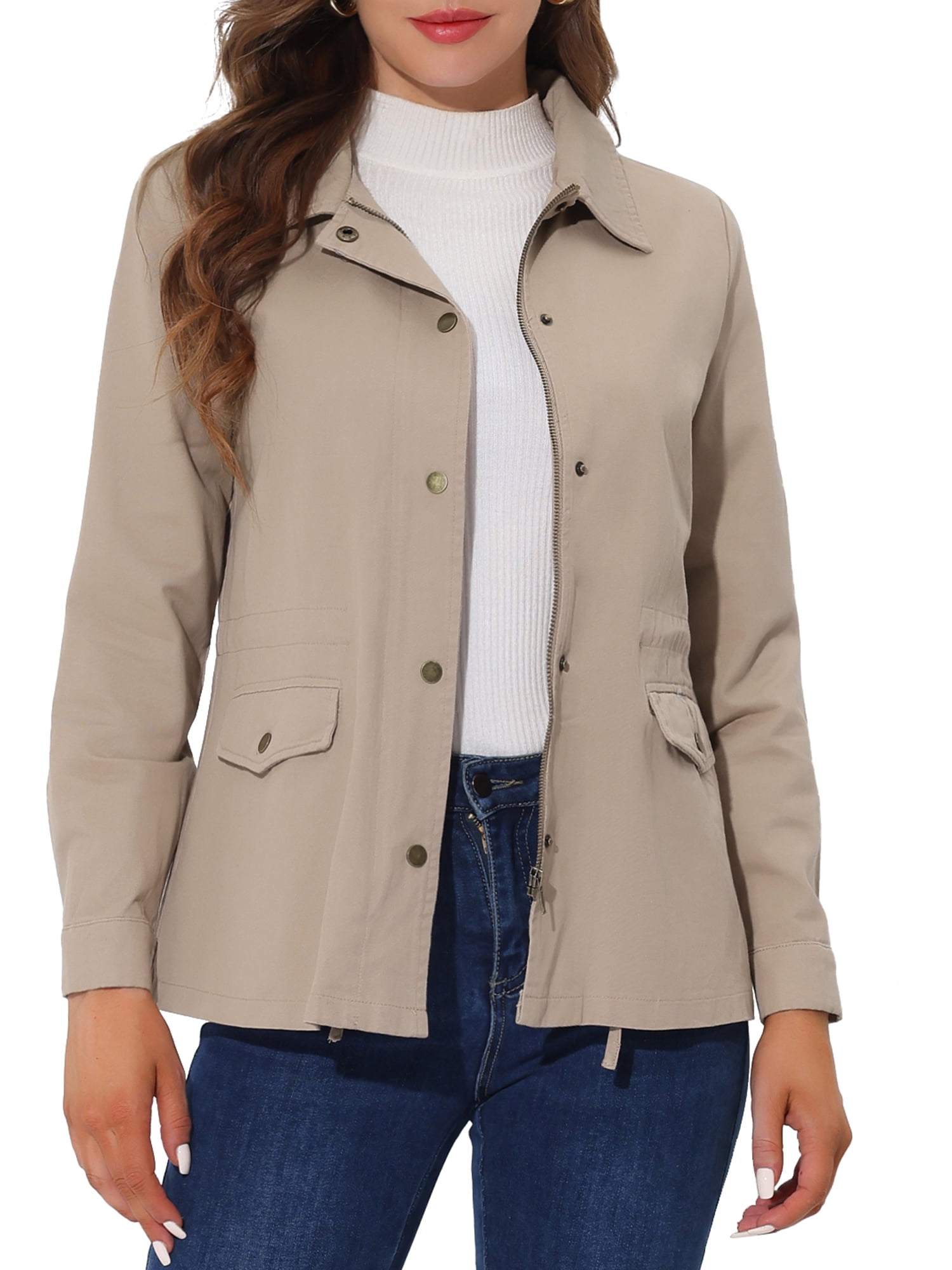 INSPIRE CHIC Women's Utility Jackets Drawstring Waist Flap Pocket Zip ...