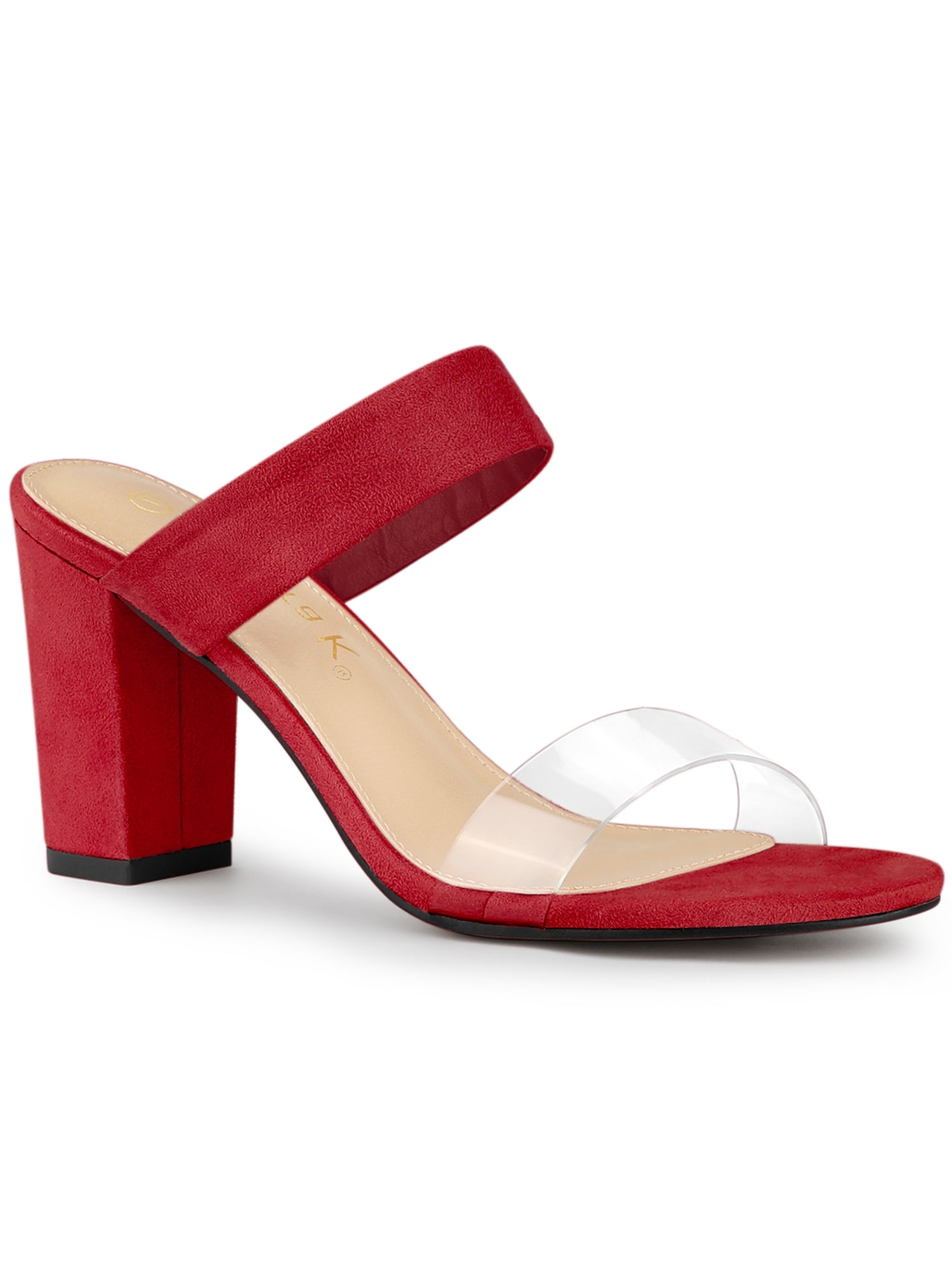 BLISSFUL STEP Women's Dual Clear Strap Block Heels Slides Sandals Red ...