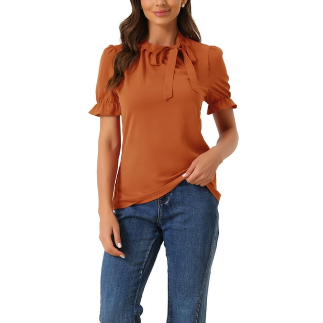 Allegra K Women's Bow Tie Neck Tops Elegant Office Short Sleeve Blouse ...