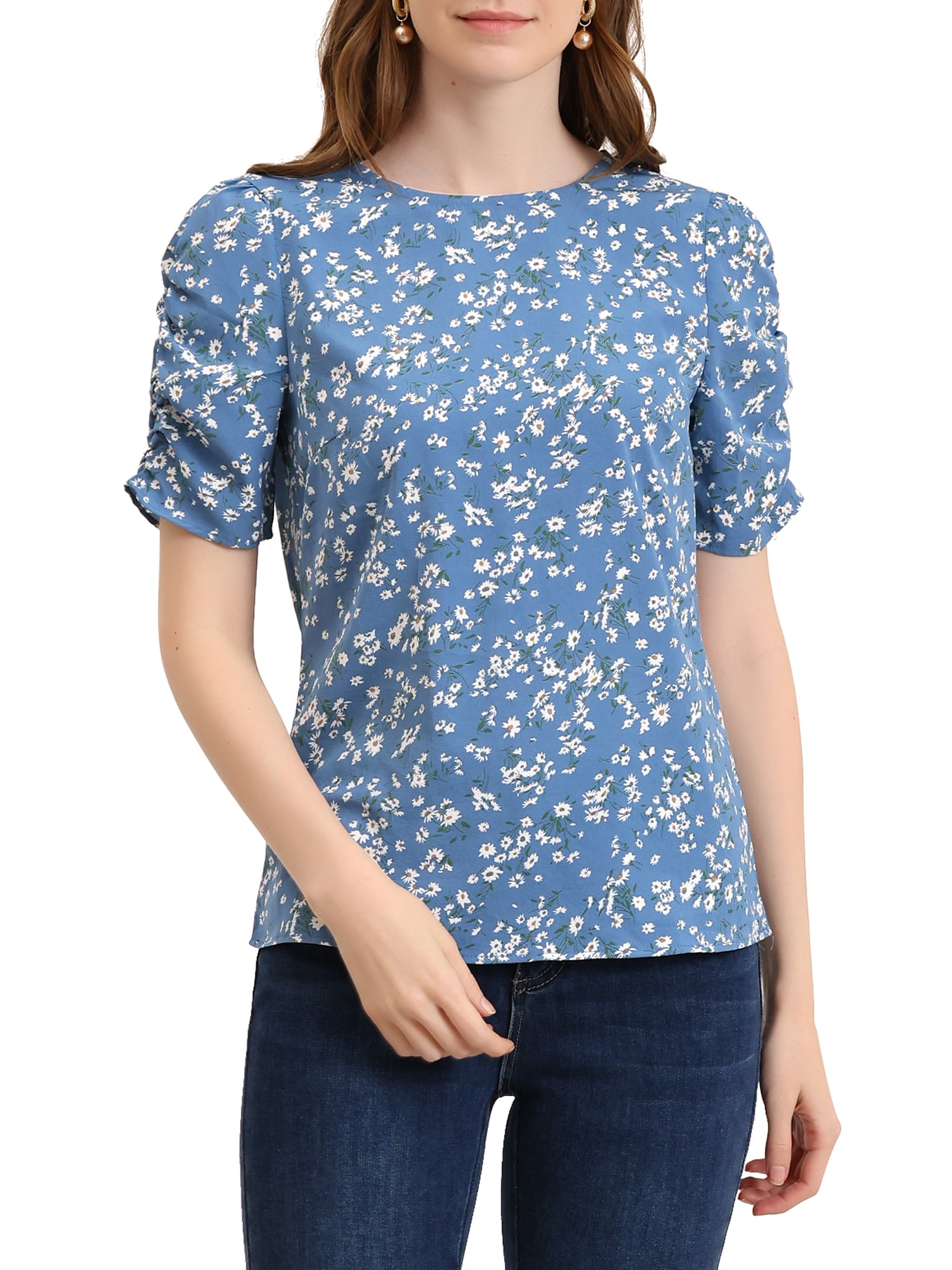 INSPIRE CHIC Women's Shirred Tops Crew Neck Short Sleeve Keyhole Back ...