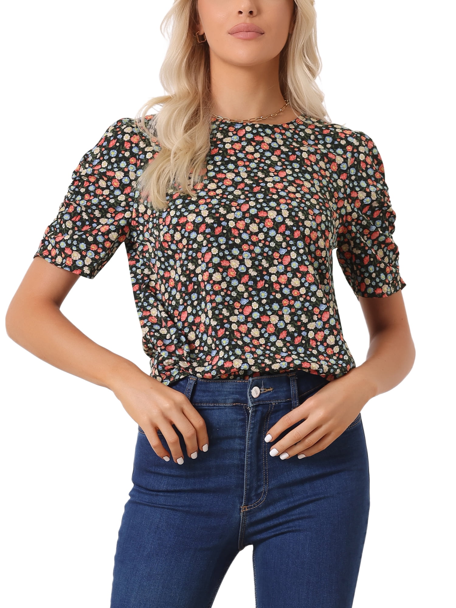 INSPIRE CHIC Women's Shirred Tops Crew Neck Short Sleeve Keyhole Back ...