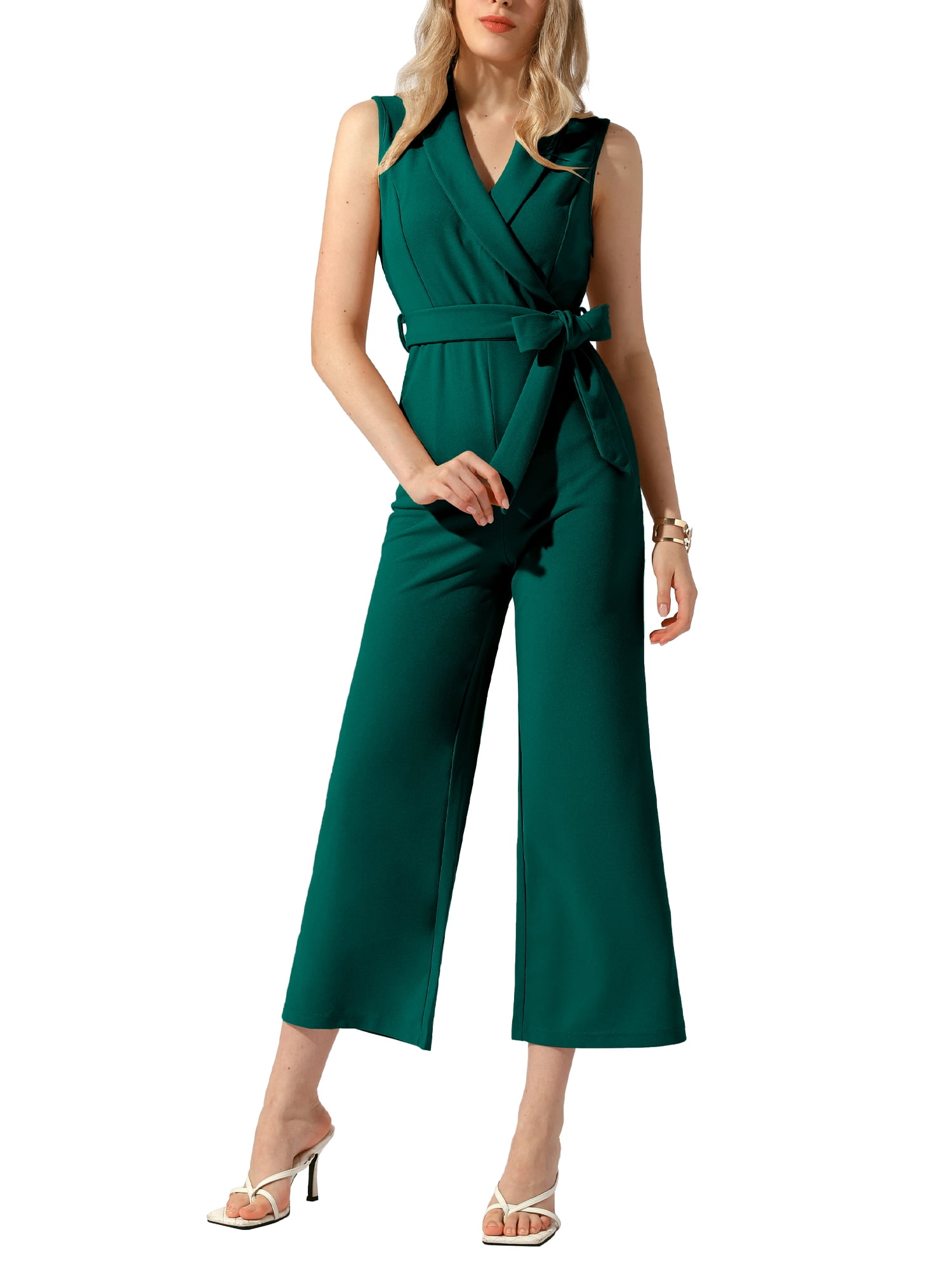 Allegra K Women's Elegant Office Work Sleeveless Wide Belted Leg ...