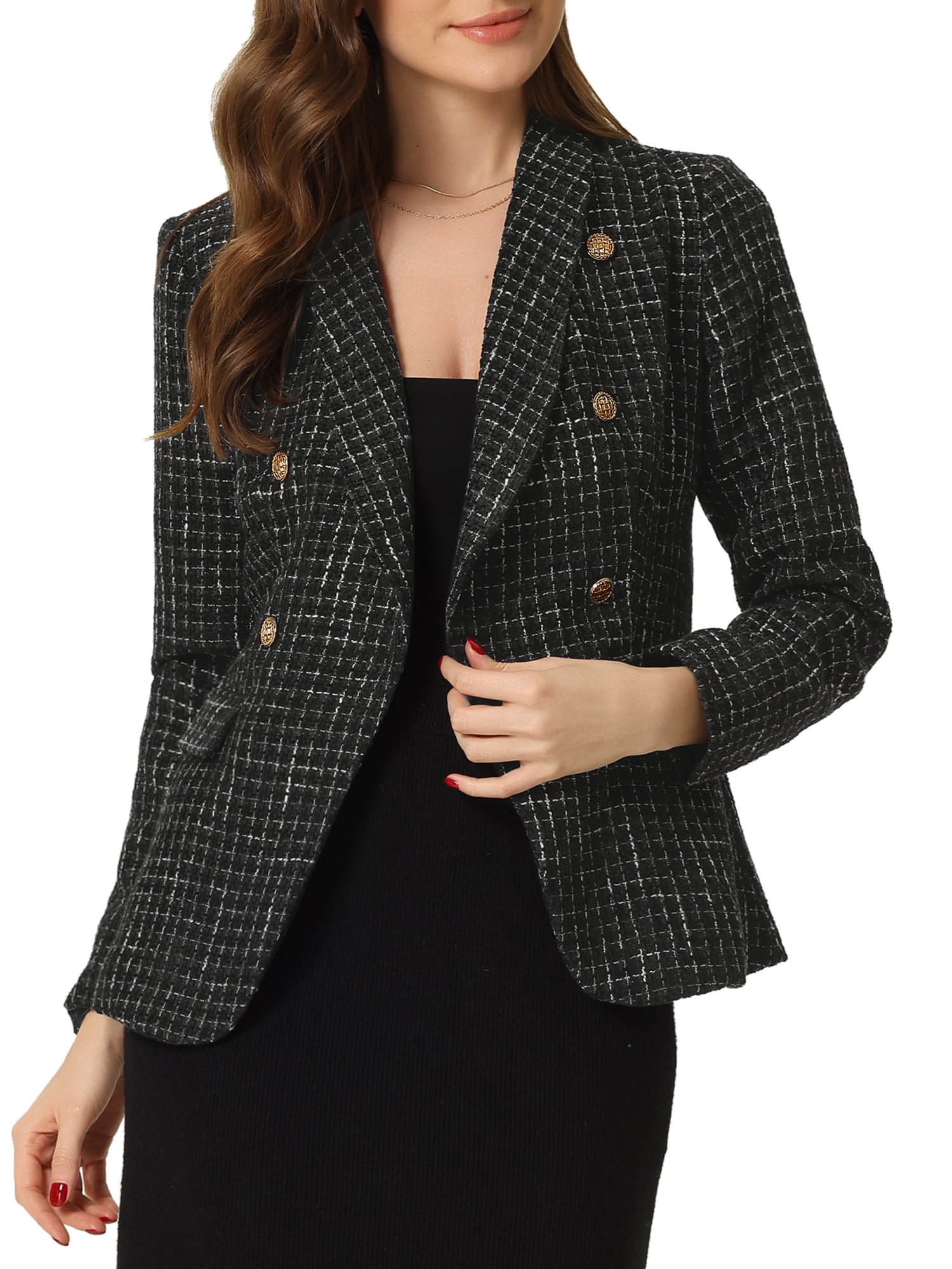 INSPIRE CHIC Women's Elegant Plaid Lapel Collar Tweed Blazer Jacket ...