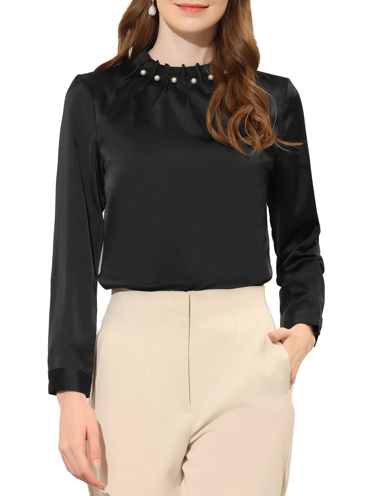 INSPIRE CHIC Women's Elegant Pleated Neck Long Sleeves Satin Blouse XS ...