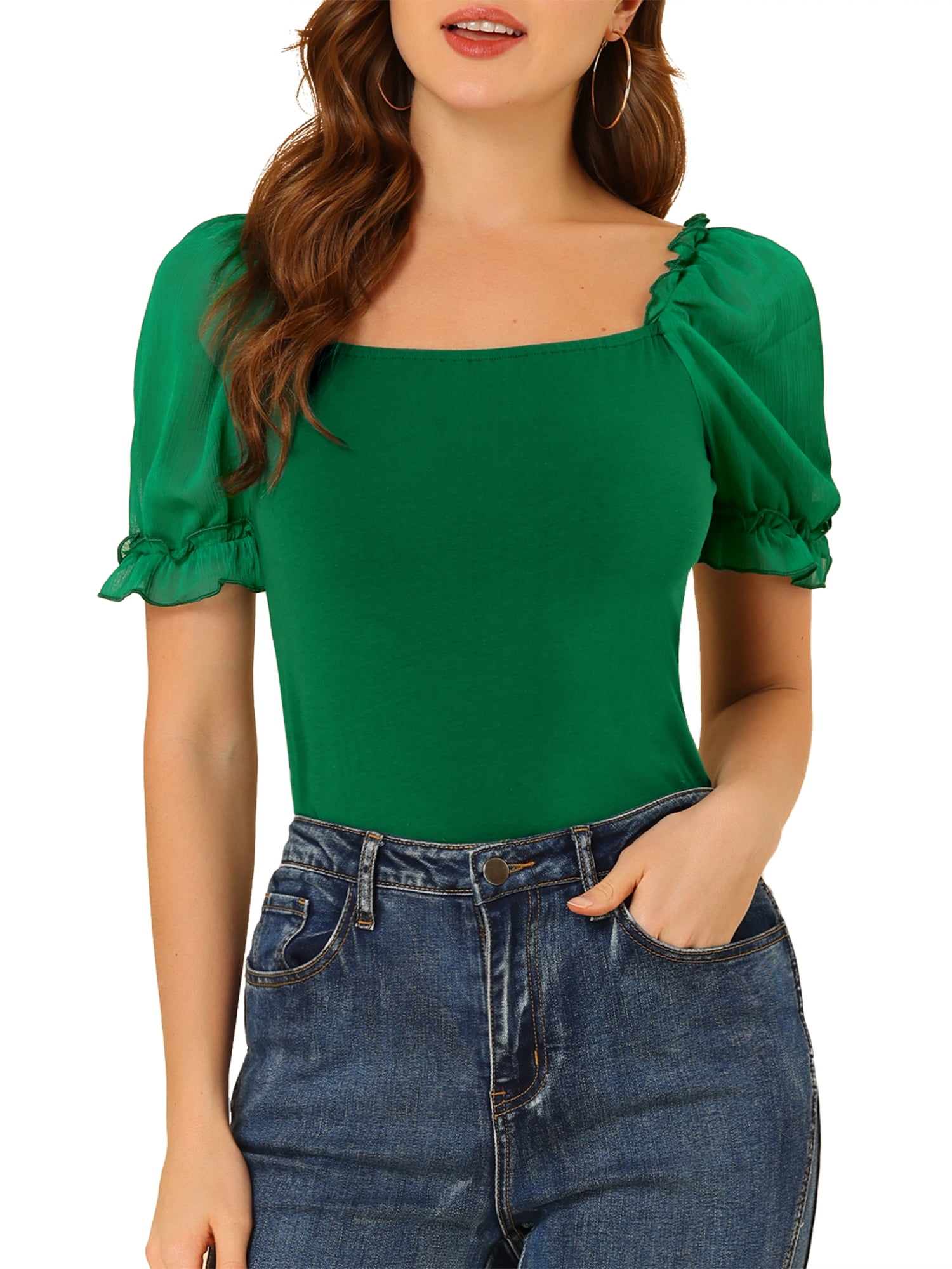 INSPIRE CHIC Women's Elegant Puff Sheer Sleeve Blouse Summer Square ...