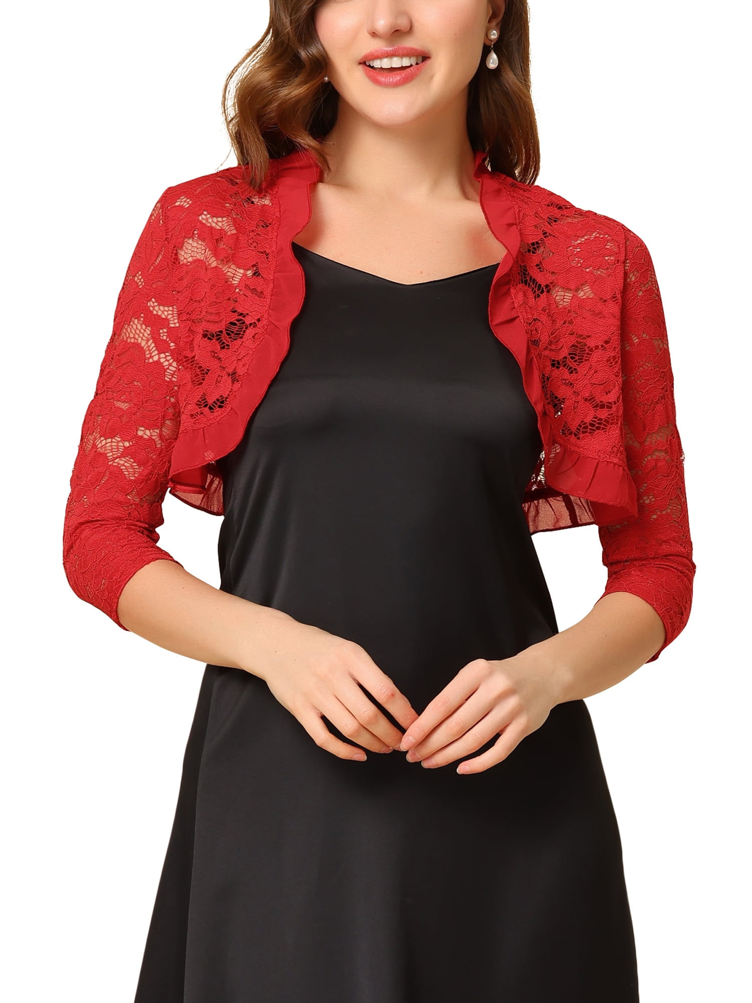 INSPIRE CHIC Women's Elegant Ruffle Collar Front 3/4 Sleeve Lace Shrug ...