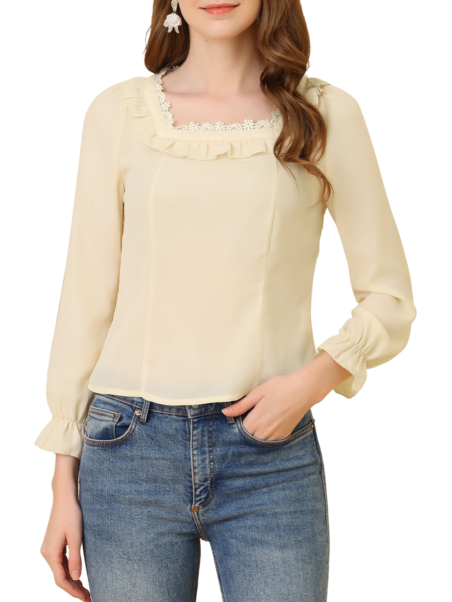 INSPIRE CHIC Women's Elegant Ruffle Square Neck Puff Long Sleeve ...