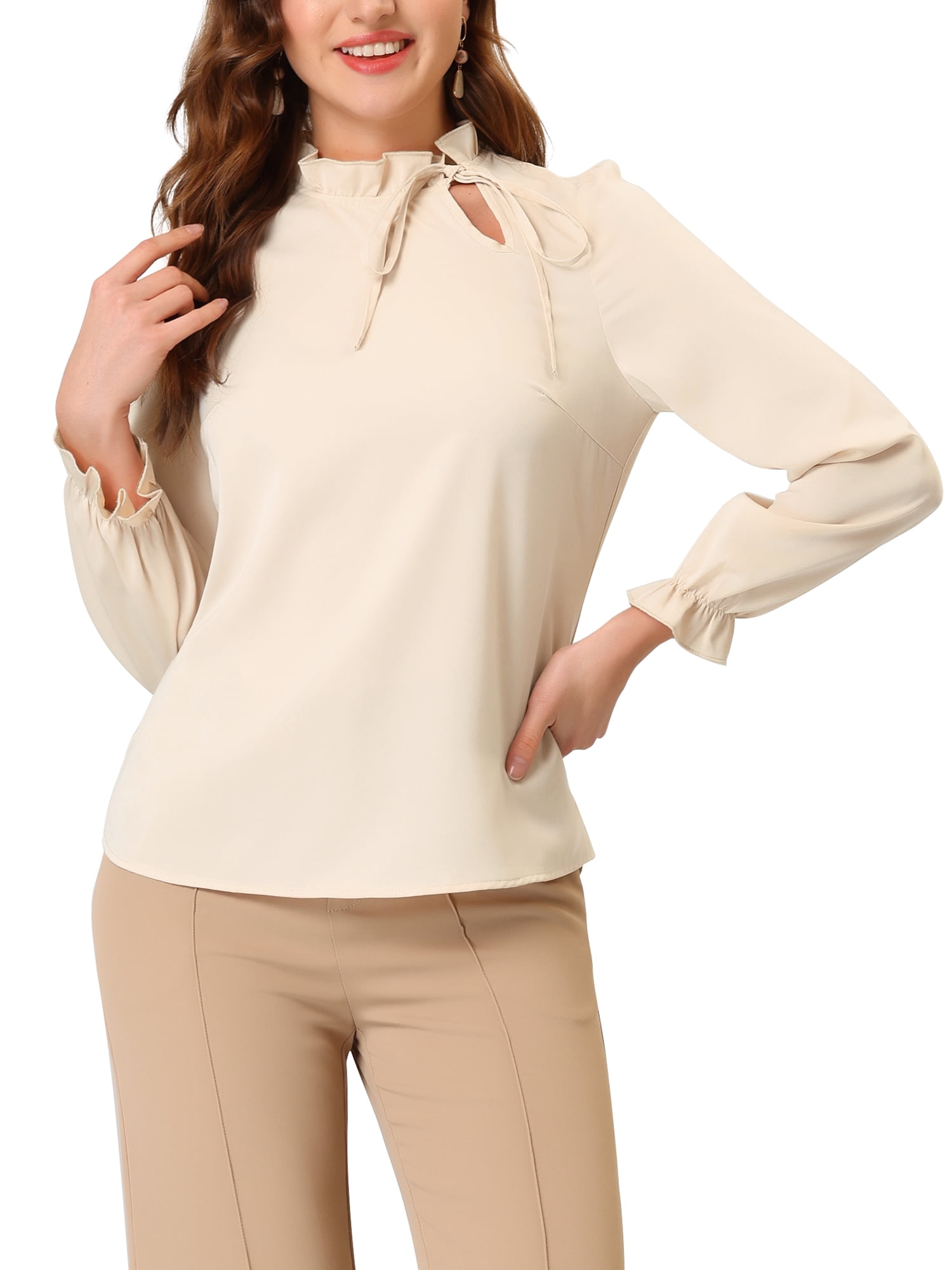 INSPIRE CHIC Women's Elegant Long Sleeve Blouse Ruffle Tie Neck Business Work Top S Apricot ...