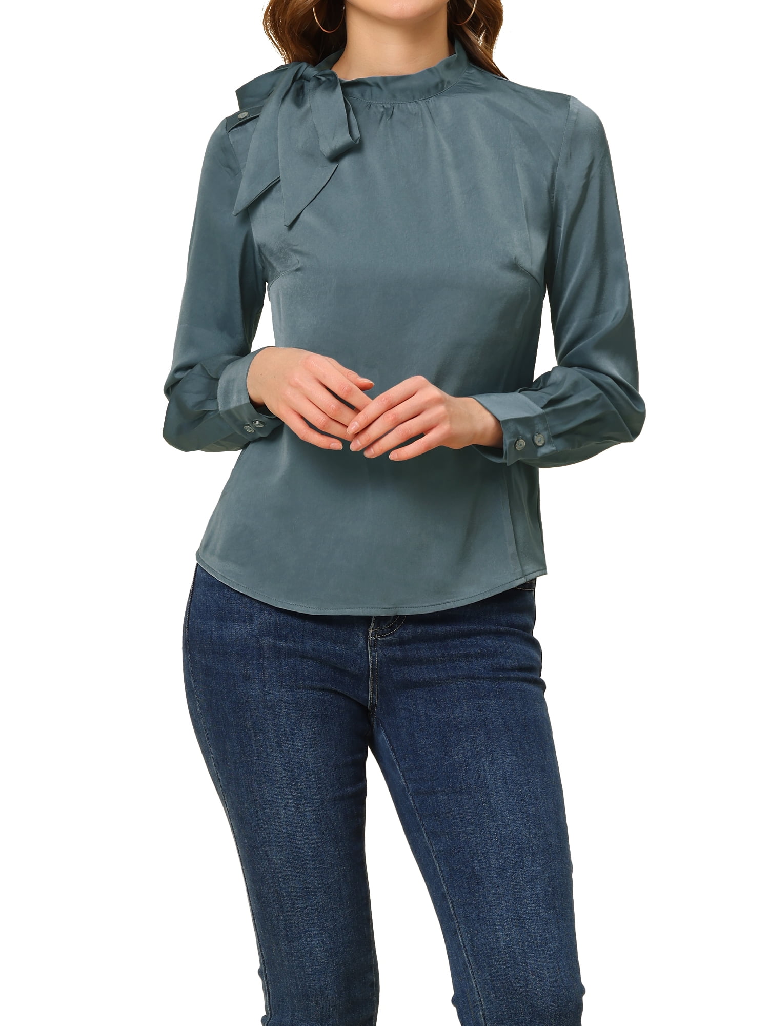 Allegra K Women's Elegant Satin Shirt Bow Tie Office Work Blouses Tops ...