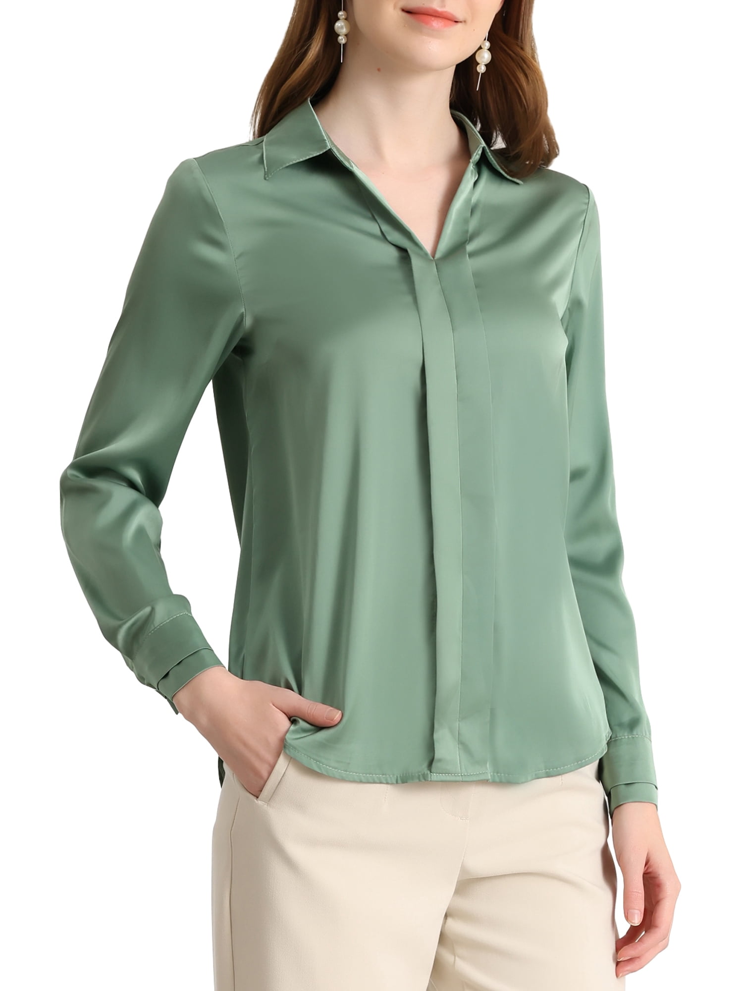 INSPIRE CHIC Women's Elegant Shirts V Neck Point Collar Long Sleeve ...