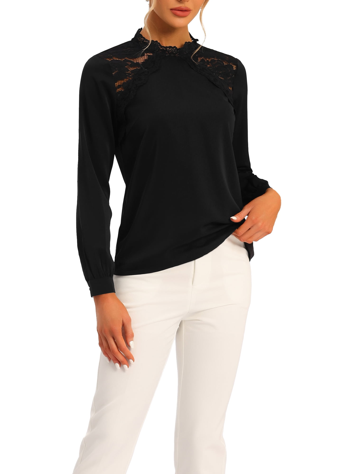 INSPIRE CHIC Women's Elegant Stand Collar Long Sleeve Lace Panel Blouse ...