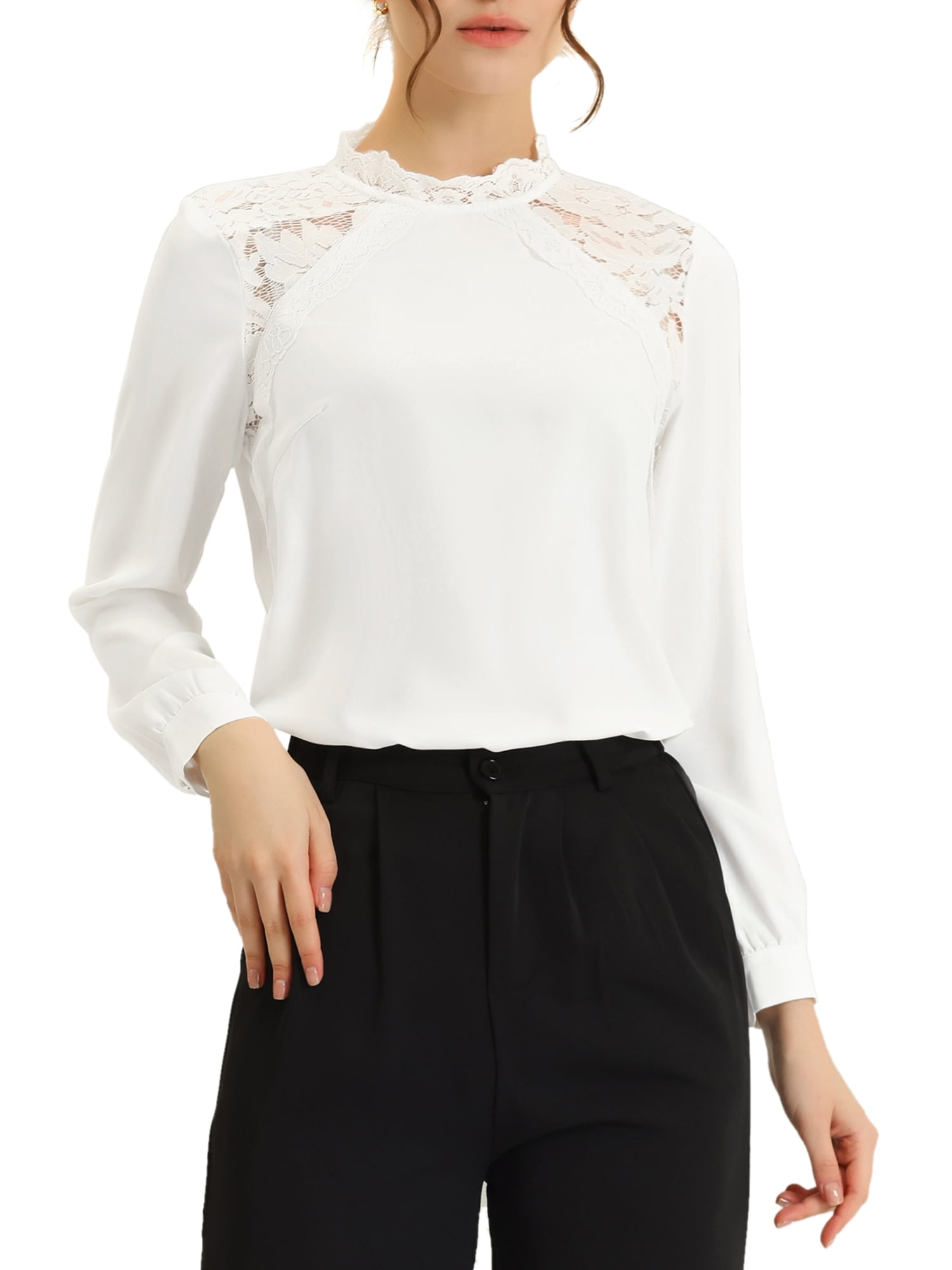 INSPIRE CHIC Women's Elegant Stand Collar Long Sleeve Lace Panel Blouse ...