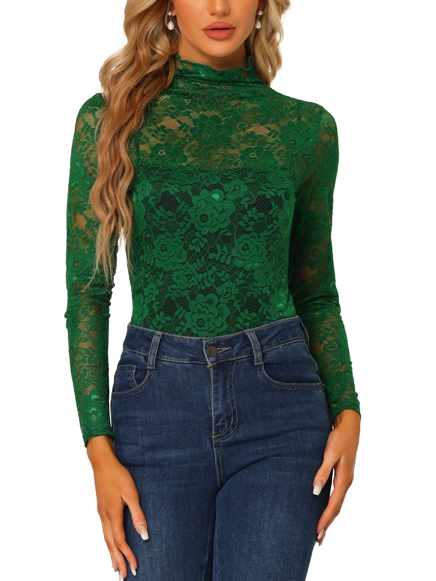 Allegra K Womens See Through Long Sleeve Turtleneck Sheer Floral Lace