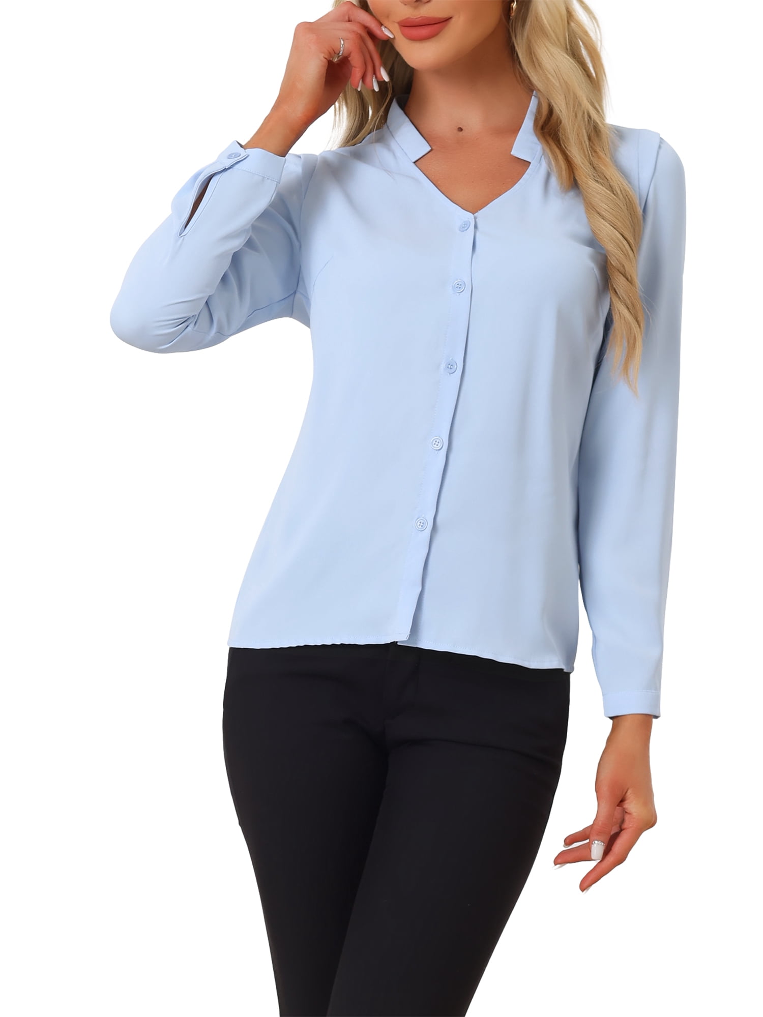 Allegra K Women's Elegant V Neck Long Sleeves Button Down Shirt ...