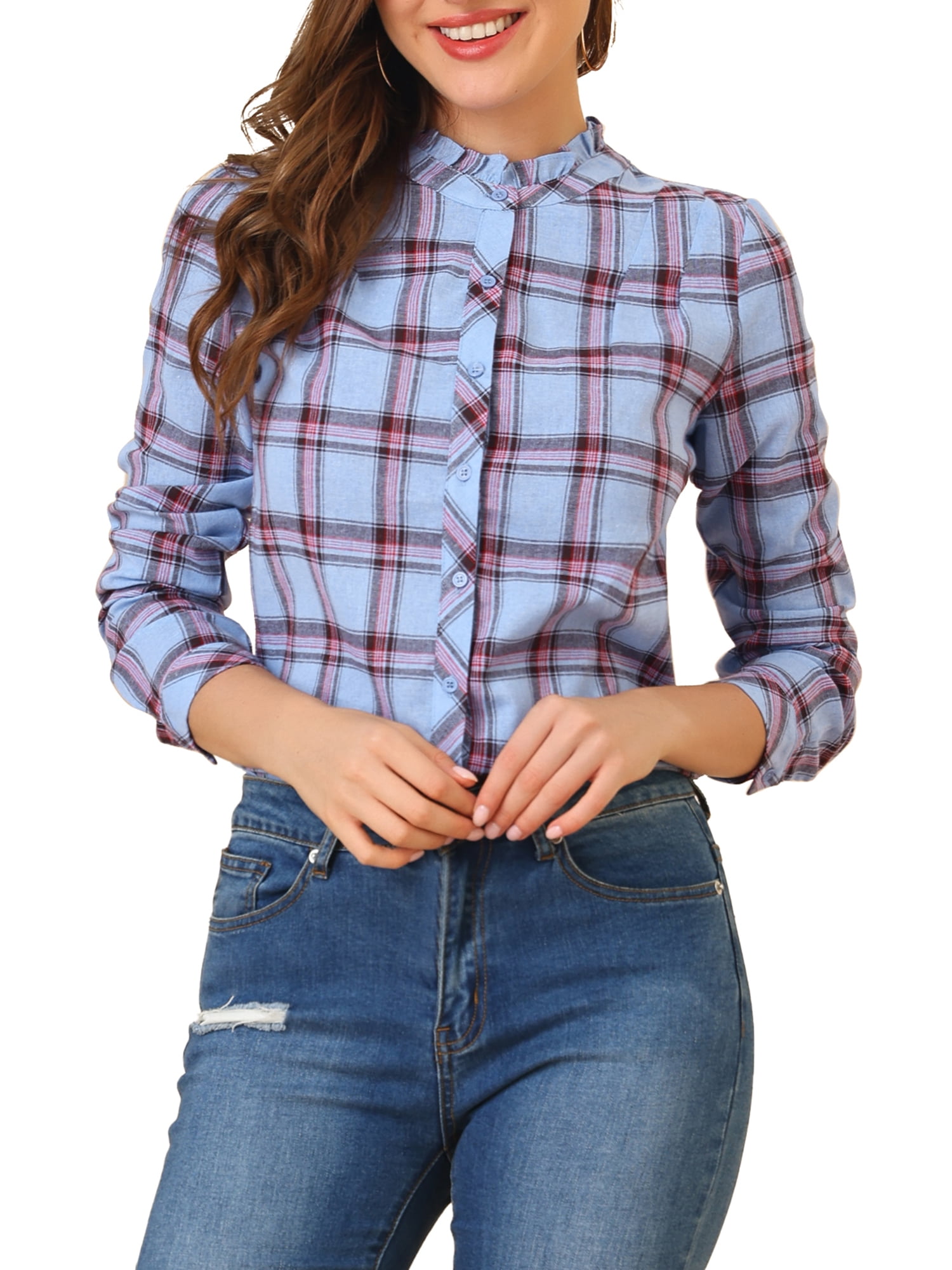 INSPIRE CHIC Women's Fall Button up Blouse Long Sleeve Top Ruffle Neck ...