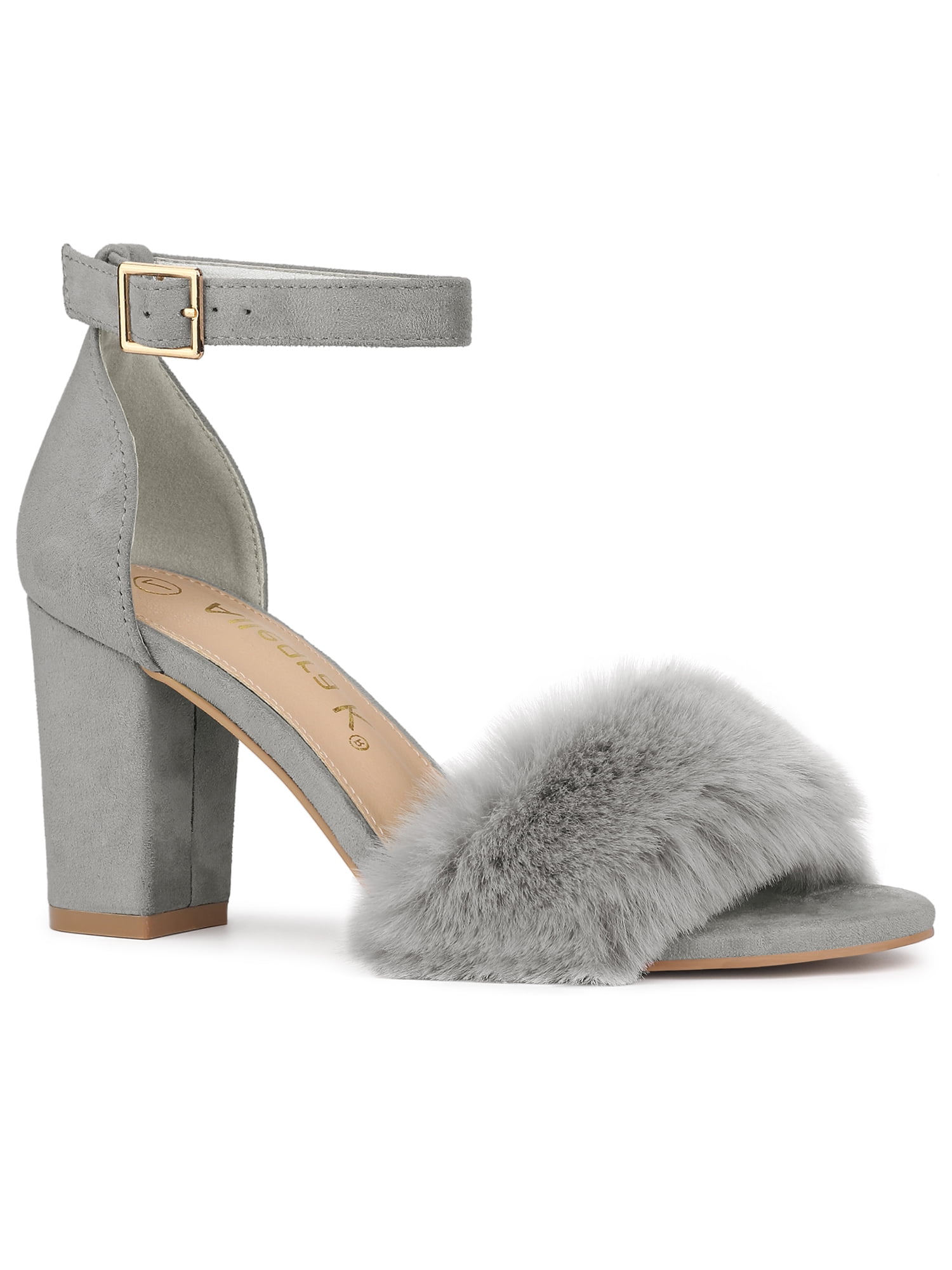BLISSFUL STEP Women's Faux Fur Ankle Strap Block Heel Open Toe Sandals ...
