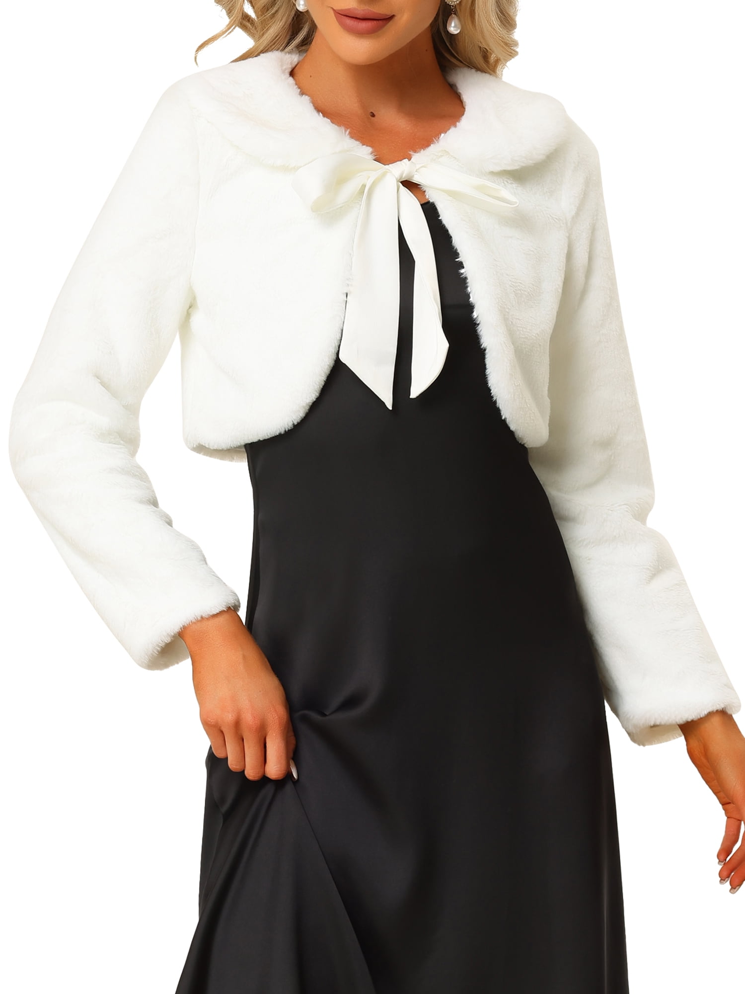 Allegra K Women's Faux Fur Bolero Shrug Crop Jacket Evening Bow Tie ...