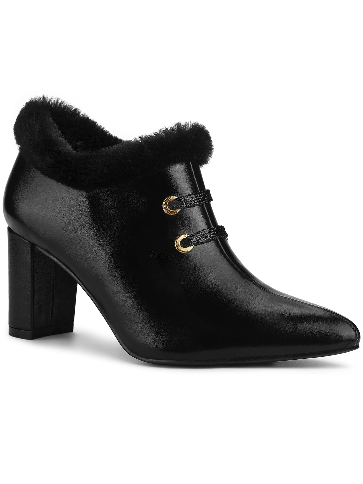 Allegra K Women's Faux Fur Buckle Block Heel Ankle Boot - Walmart.com